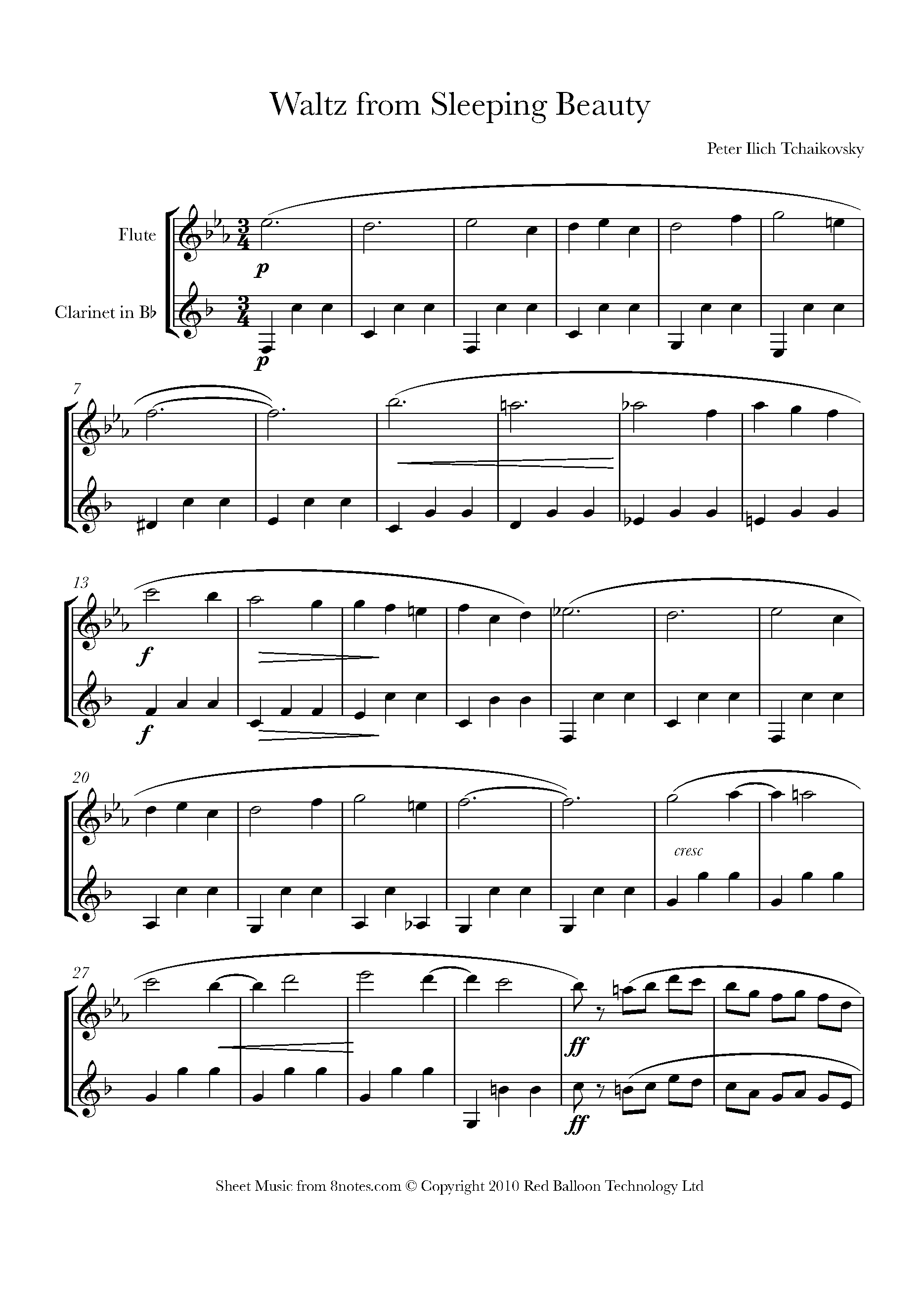 Tchaikovsky - Waltz from Sleeping Beauty Sheet music for Flute-Clarinet ...