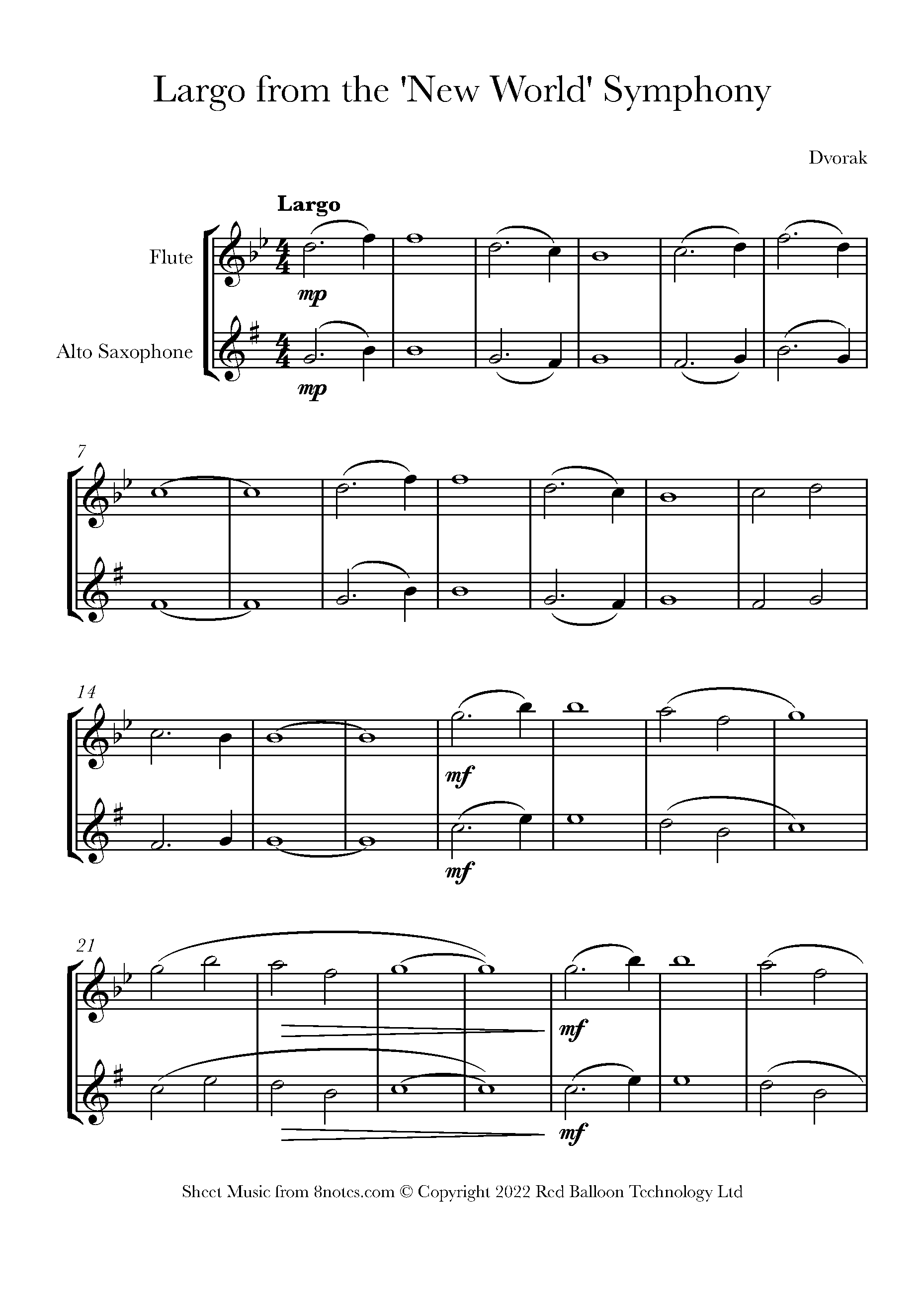 ﻿Dvořák - Largo from the New World Symphony Sheet music for Flute ...