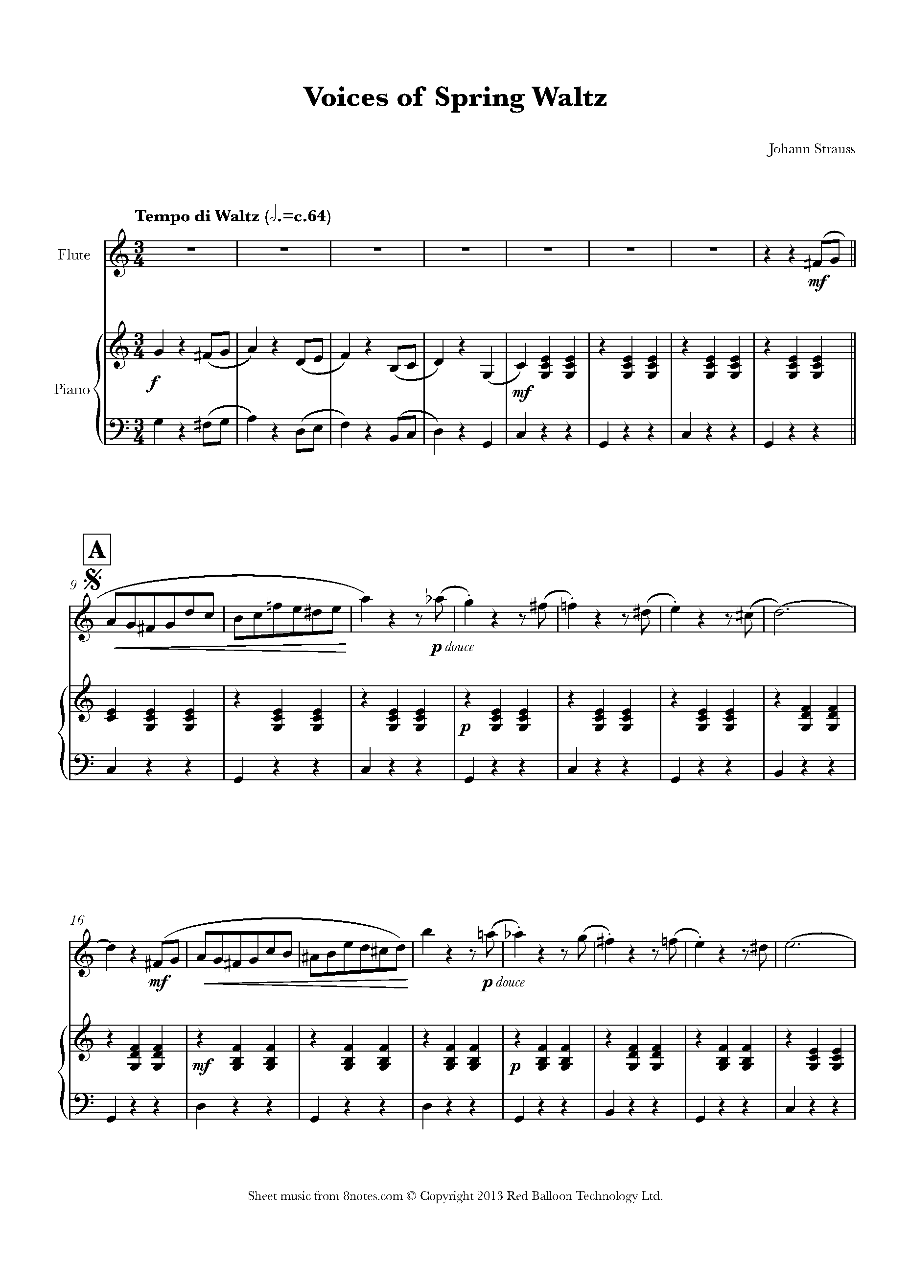 Strauss II - Voices of Spring Waltz Sheet music for Flute - 8notes.com
