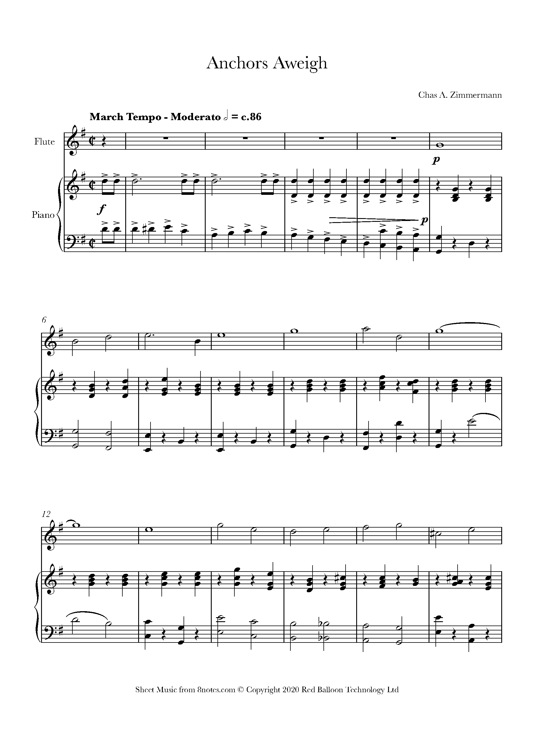 Chas A Zimmermann - Anchors Aweigh Sheet music for Flute - 8notes.com