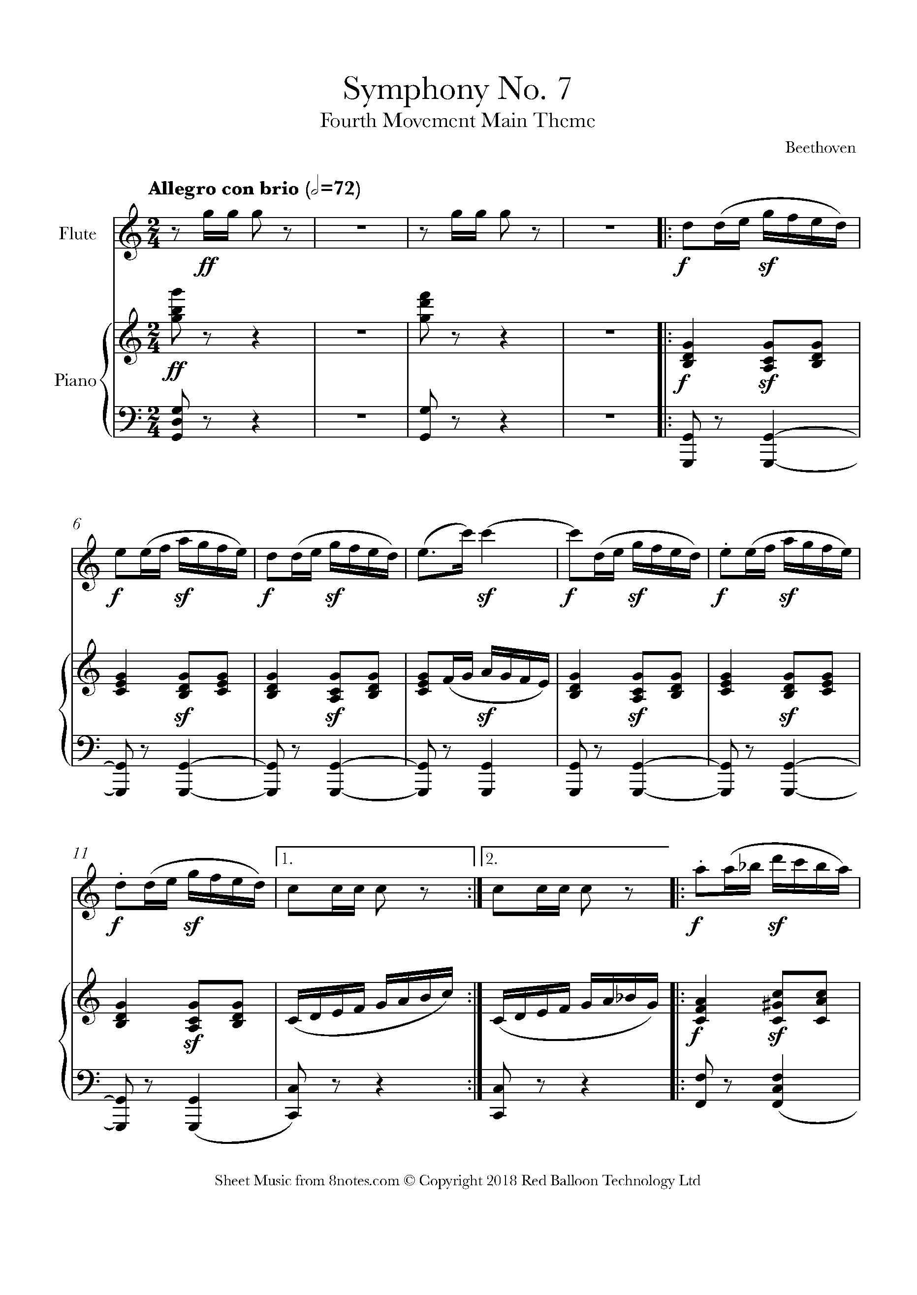 Beethoven - 7th Symphony 4th Mvt Theme Sheet music for Flute - 8notes.com