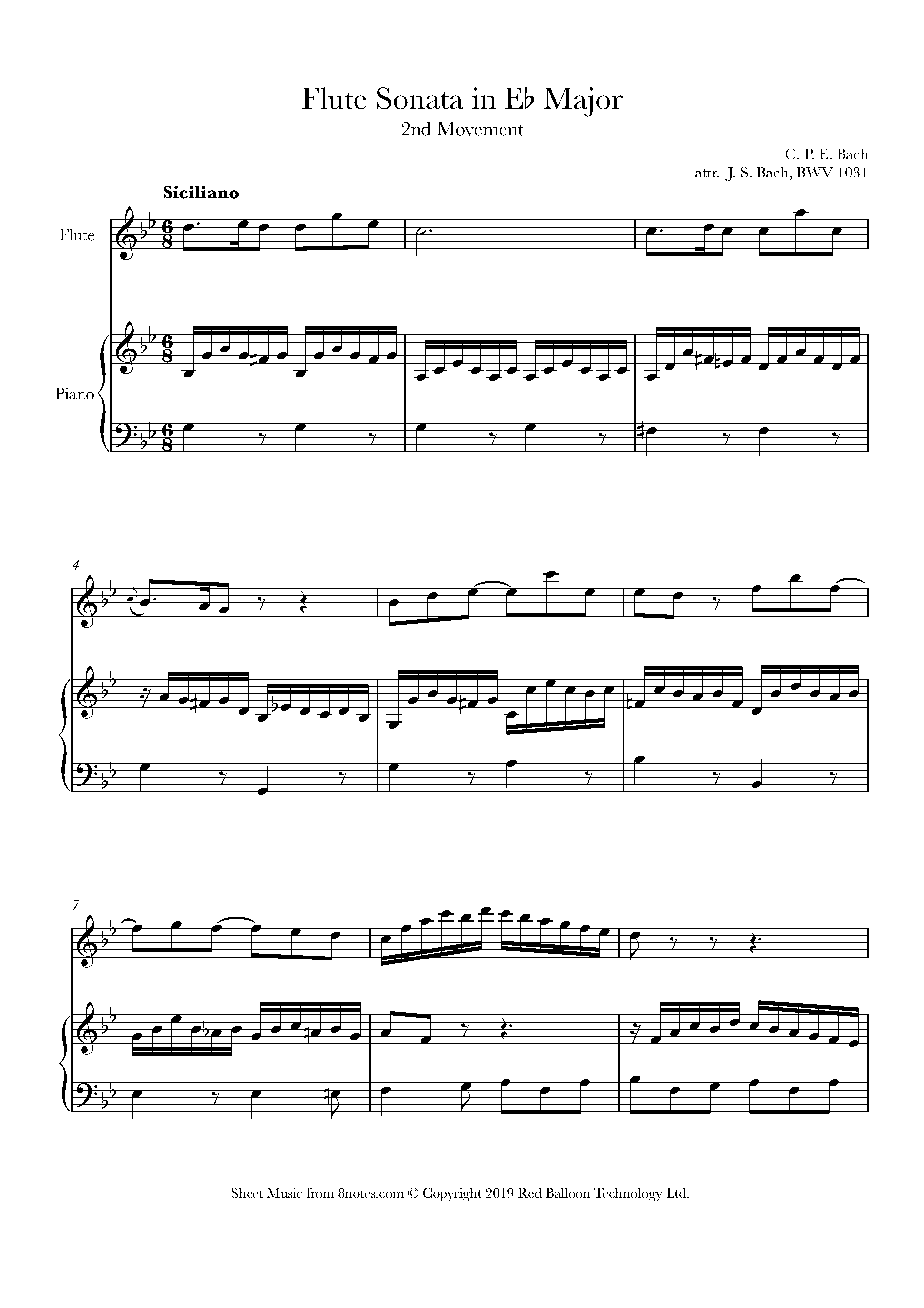 Bach - Flute Sonata in Eb Major, BWV 1031, Second Movement Sheet music ...