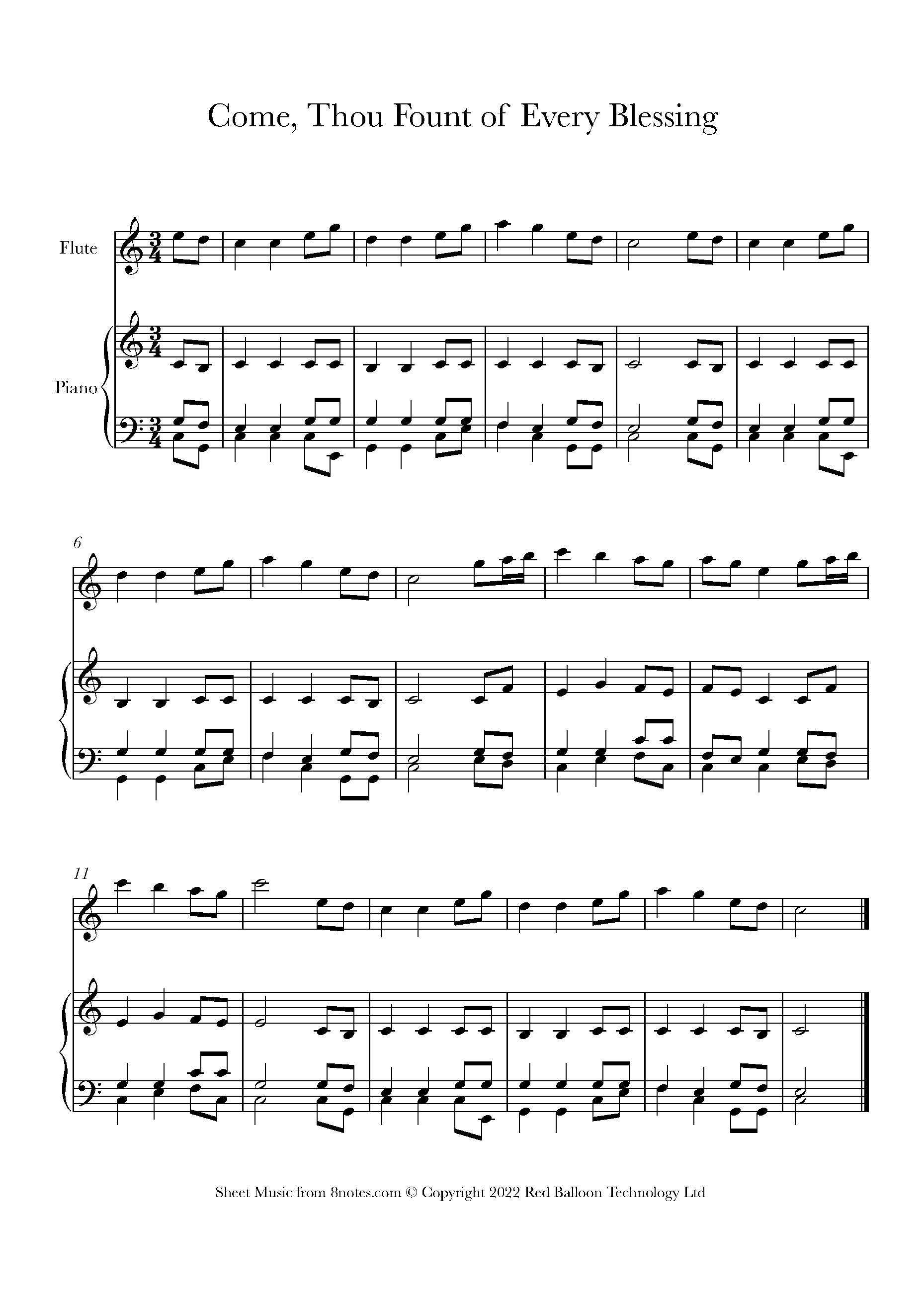 Come, Thou Fount of Every Blessing Sheet music for Flute - 8notes.com