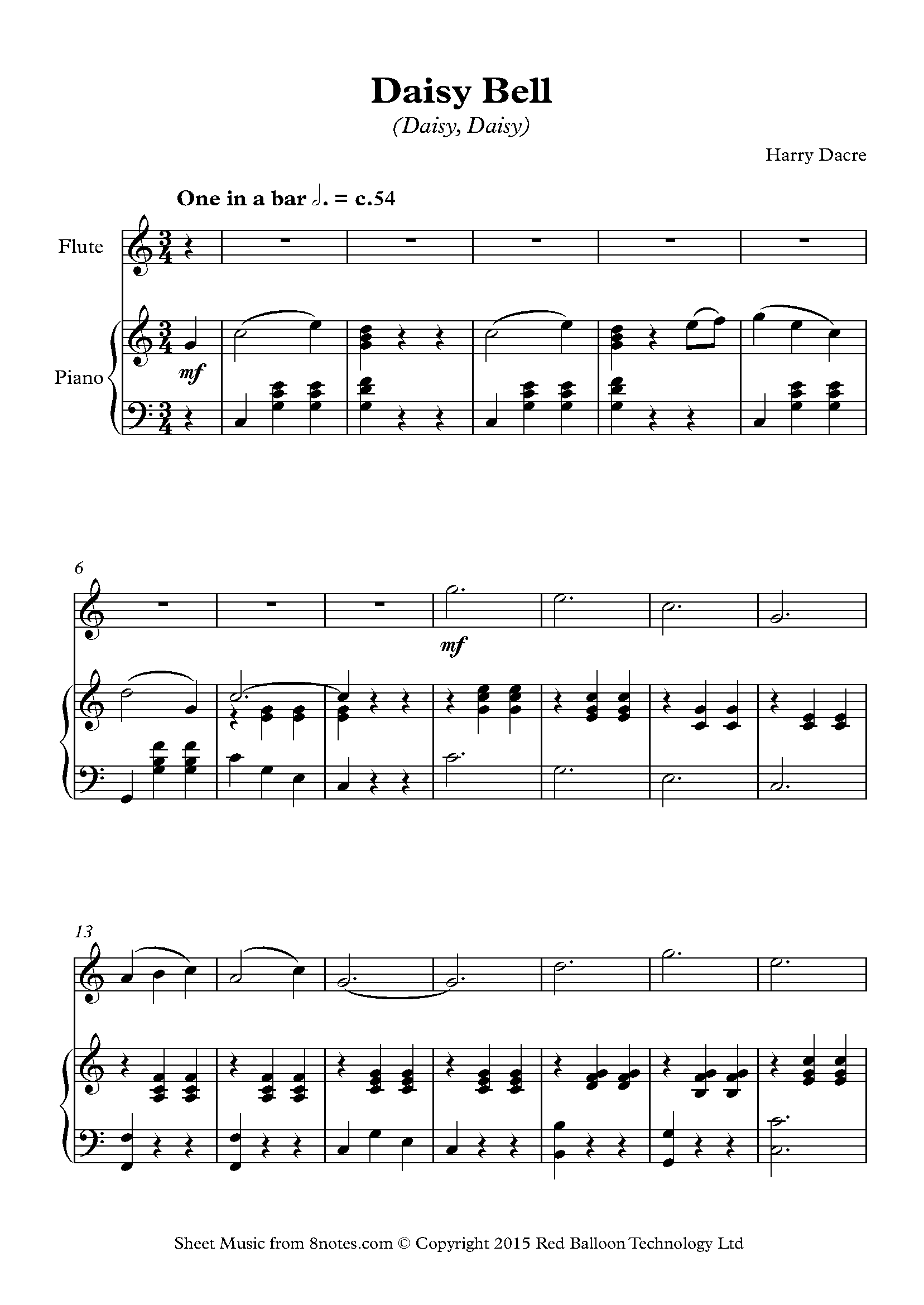 Harry Dacre - Daisy Bell (Daisy, Daisy) Sheet music for Flute - 8notes.com