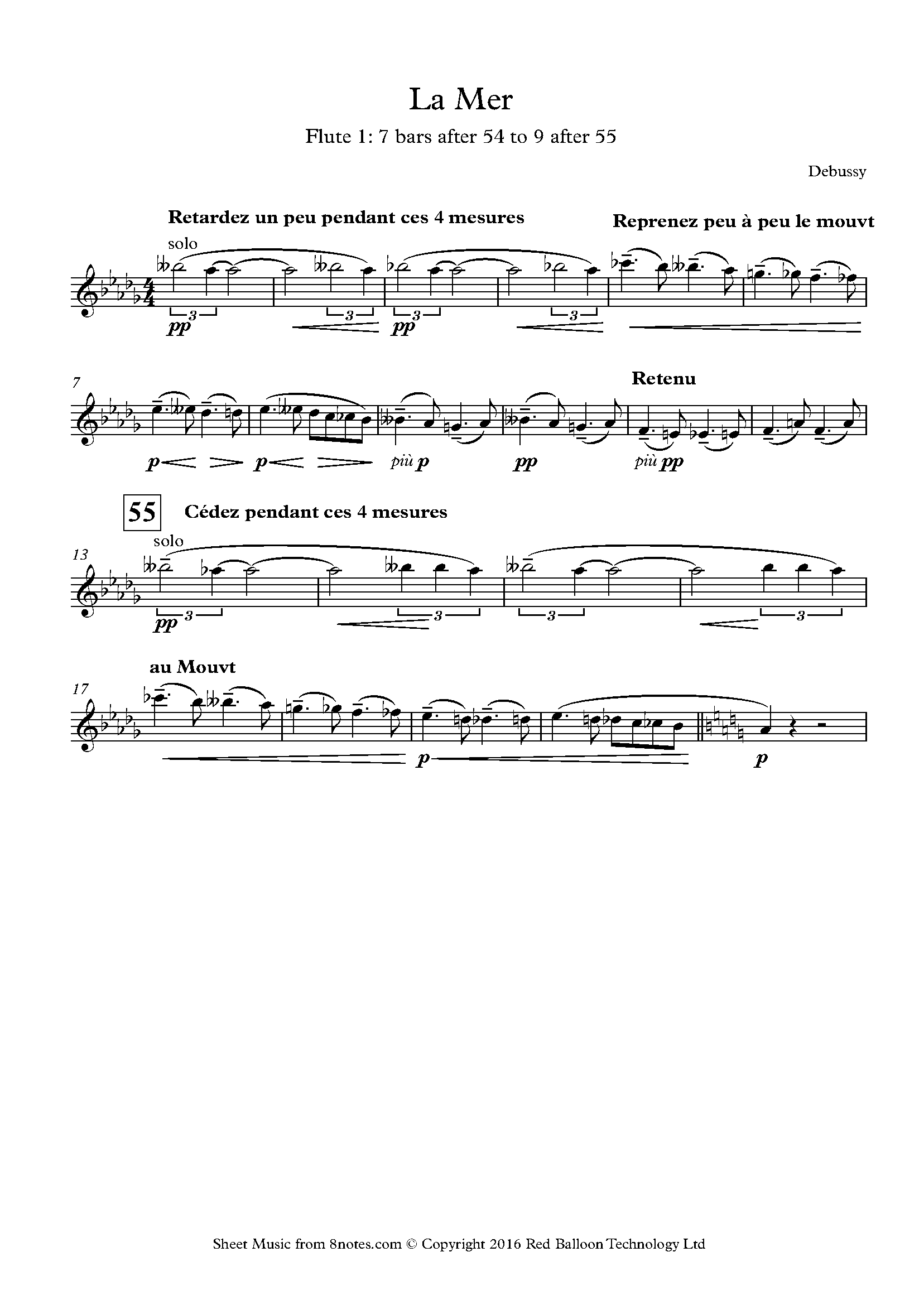 Debussy - La Mer Flute 1: 7 bars after 54 to 9 after 55 Sheet music for ...