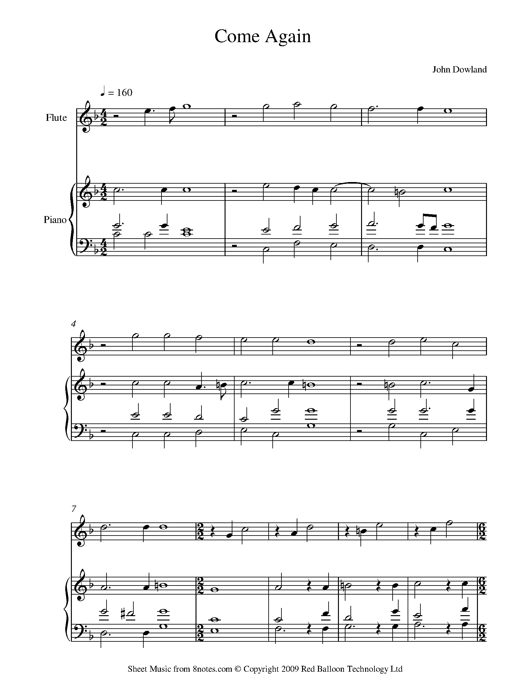 Dowland - Come again Sheet music for Flute - 8notes.com