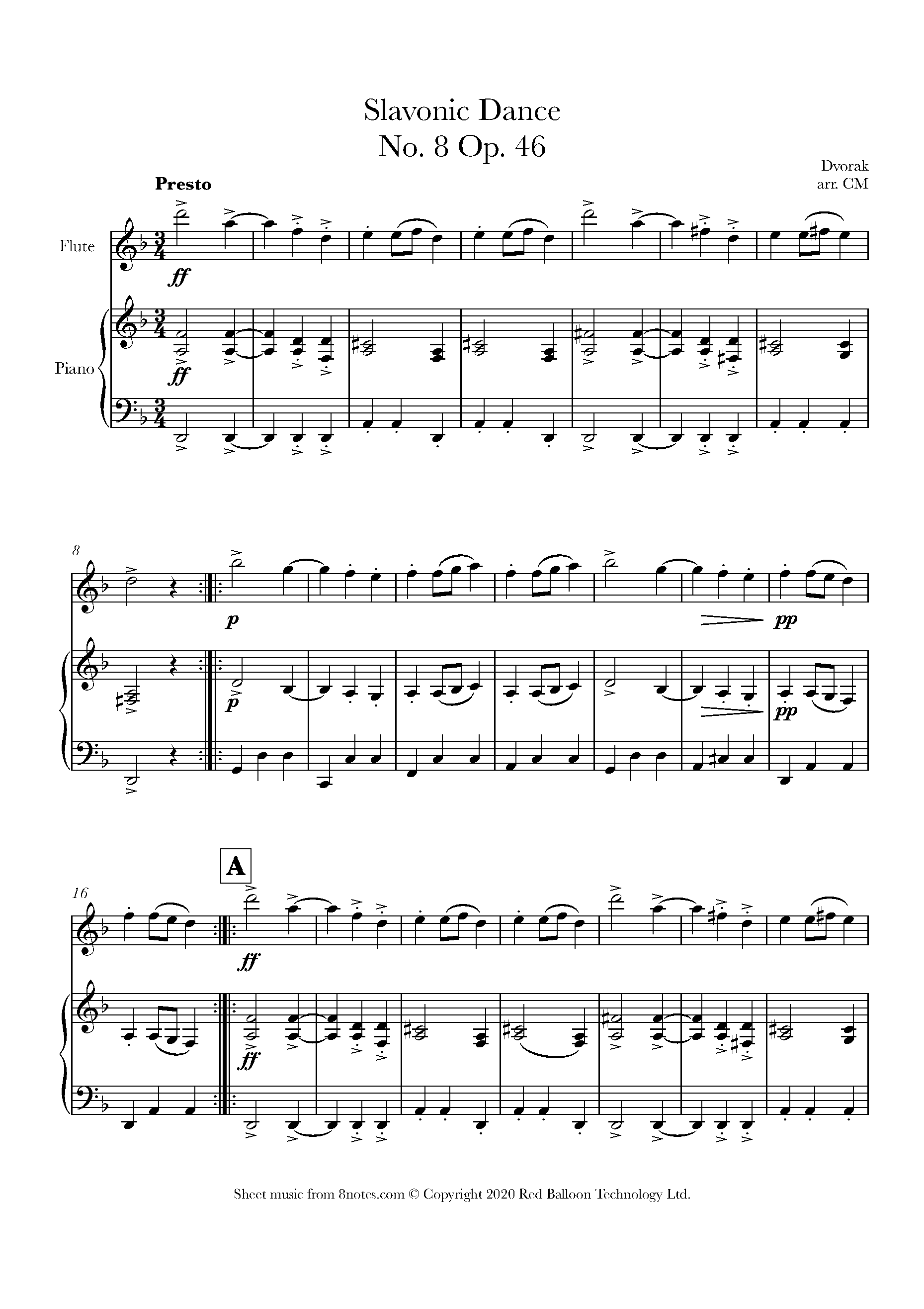 Dvořák - Slavonic Dance No. 8 Op. 46 Sheet music for Flute - 8notes.com