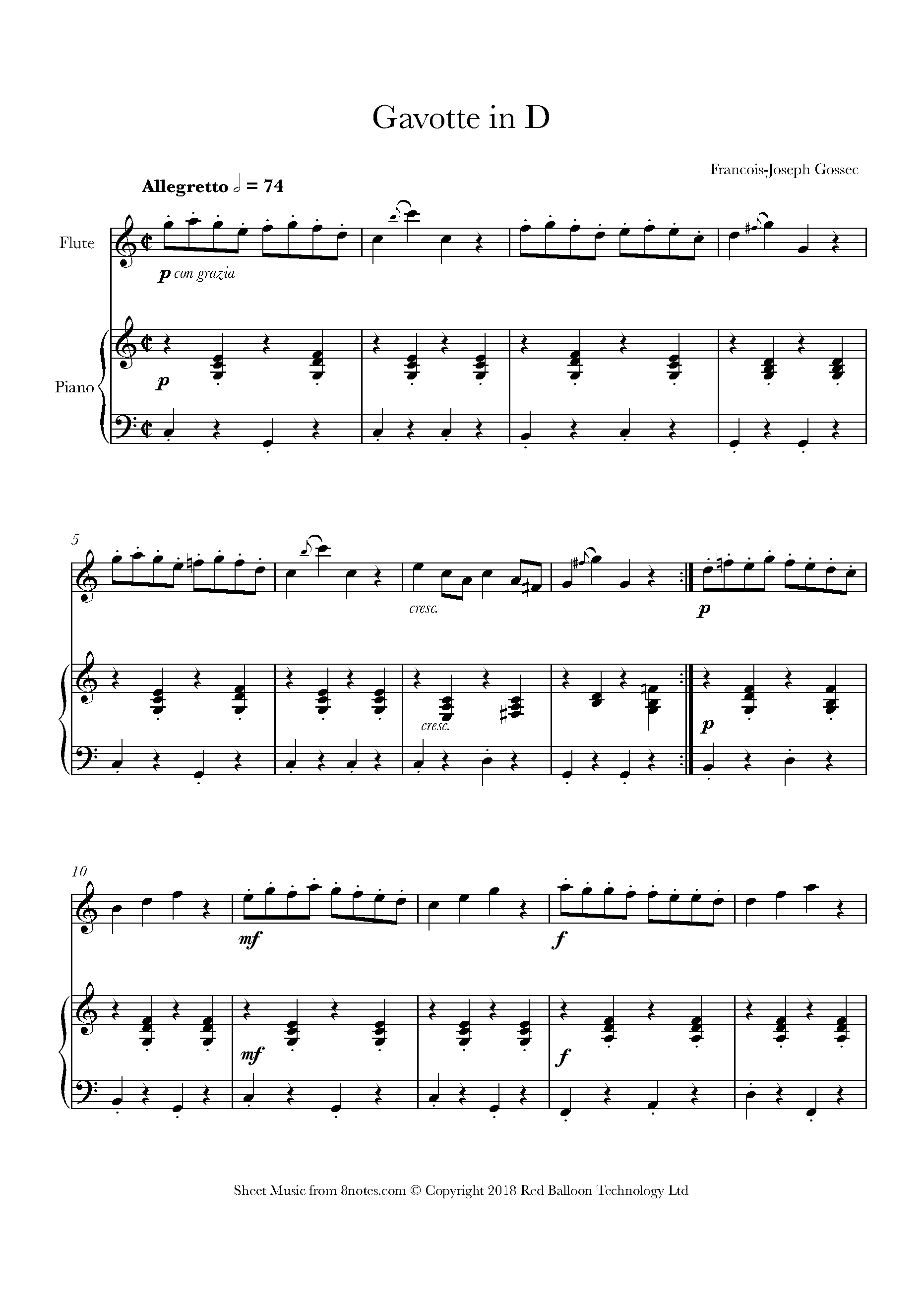 Gossec - Gavotte in D Sheet music for Flute - 8notes.com