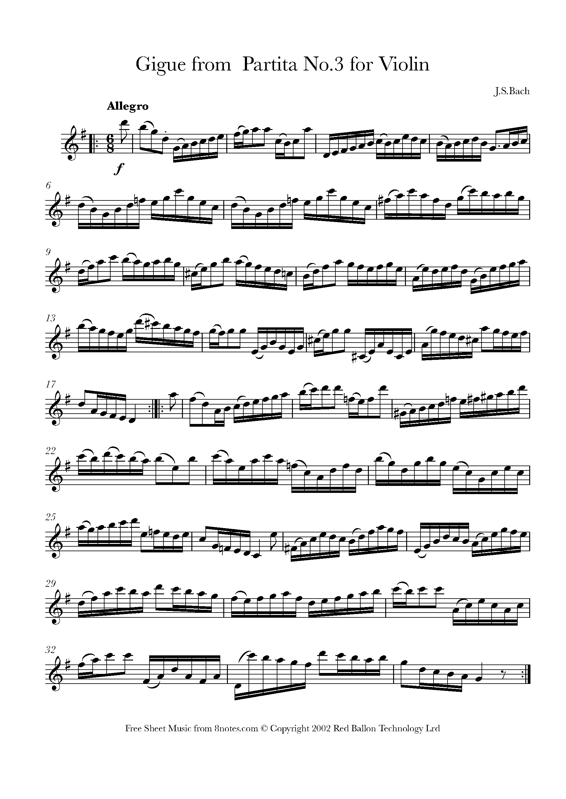 Bach - Gigue from Violin Partita no.3 Sheet music for Flute - 8notes.com