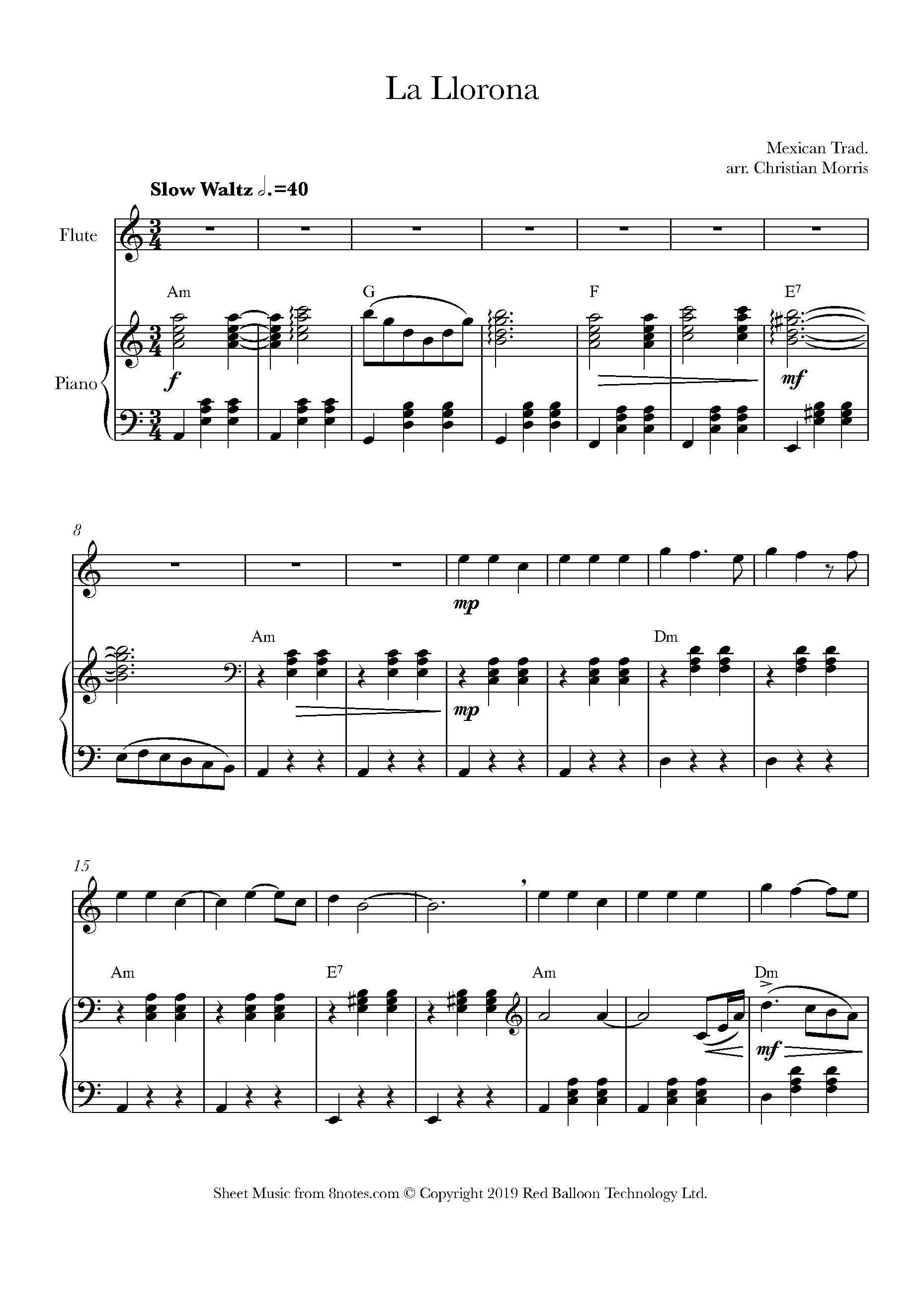 La Llorona (Mexican Traditional Song) Sheet music for Flute - 8notes.com