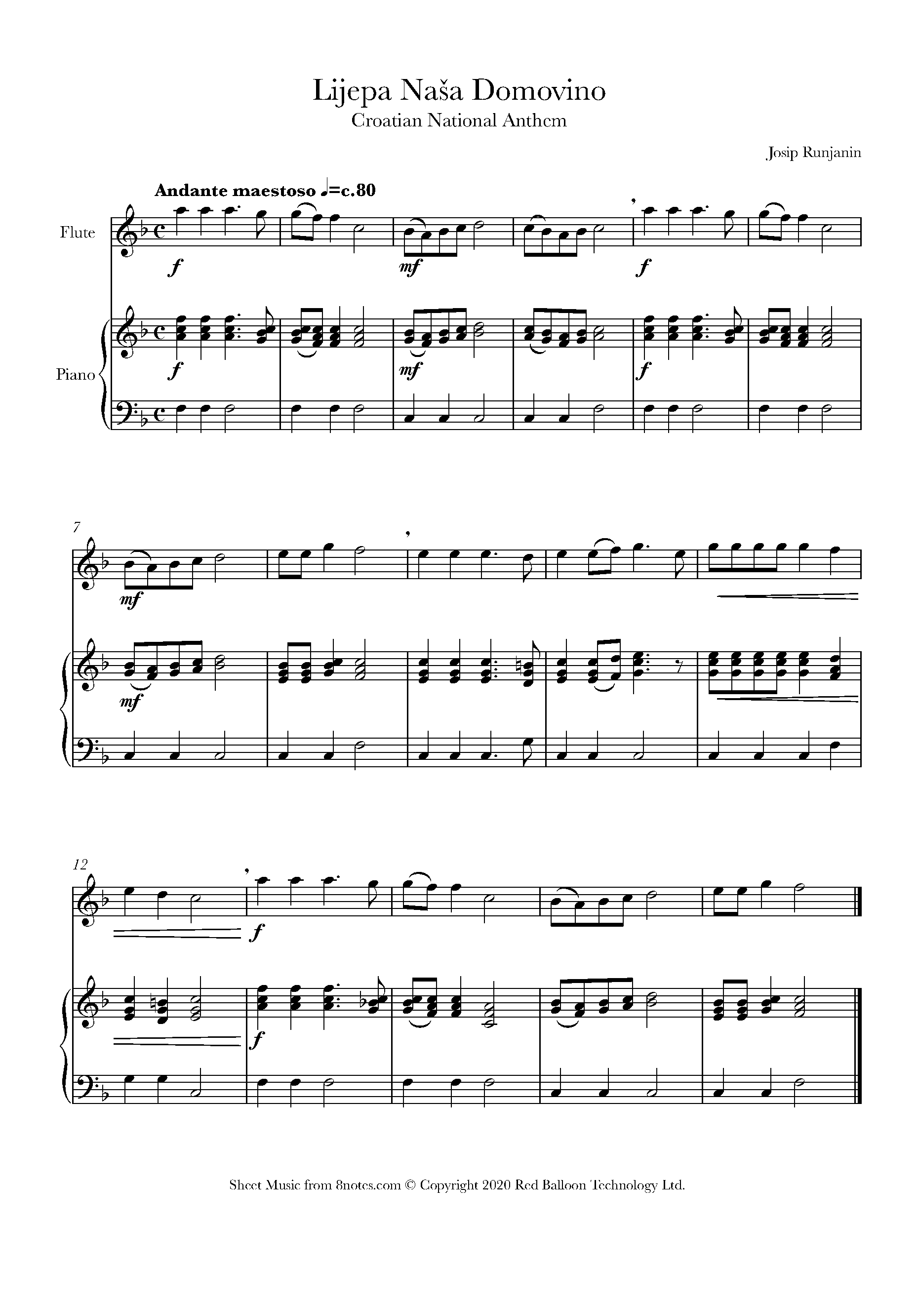 Lijepa Naša Domovino (Croatian National Anthem) Sheet music for Flute ...