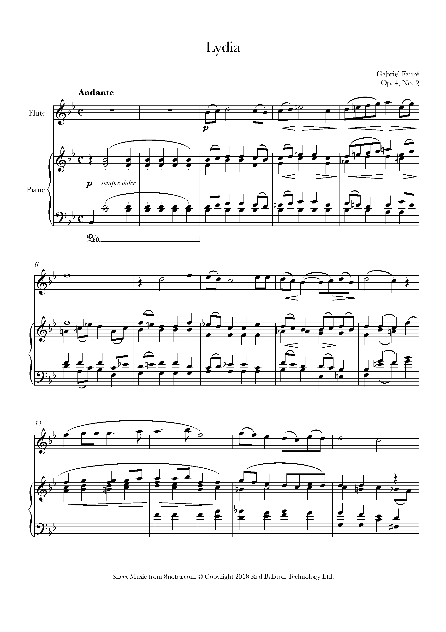 Fauré - Lydia, Op. 4, No. 2 Sheet music for Flute - 8notes.com