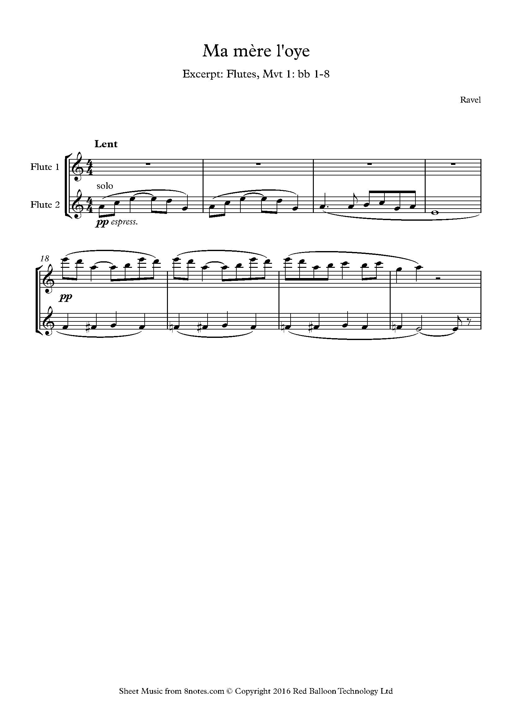 Ravel - Ma mere l'oye - Excerpt: Flutes, Mvt 1: bb 1-8 Sheet music for ...