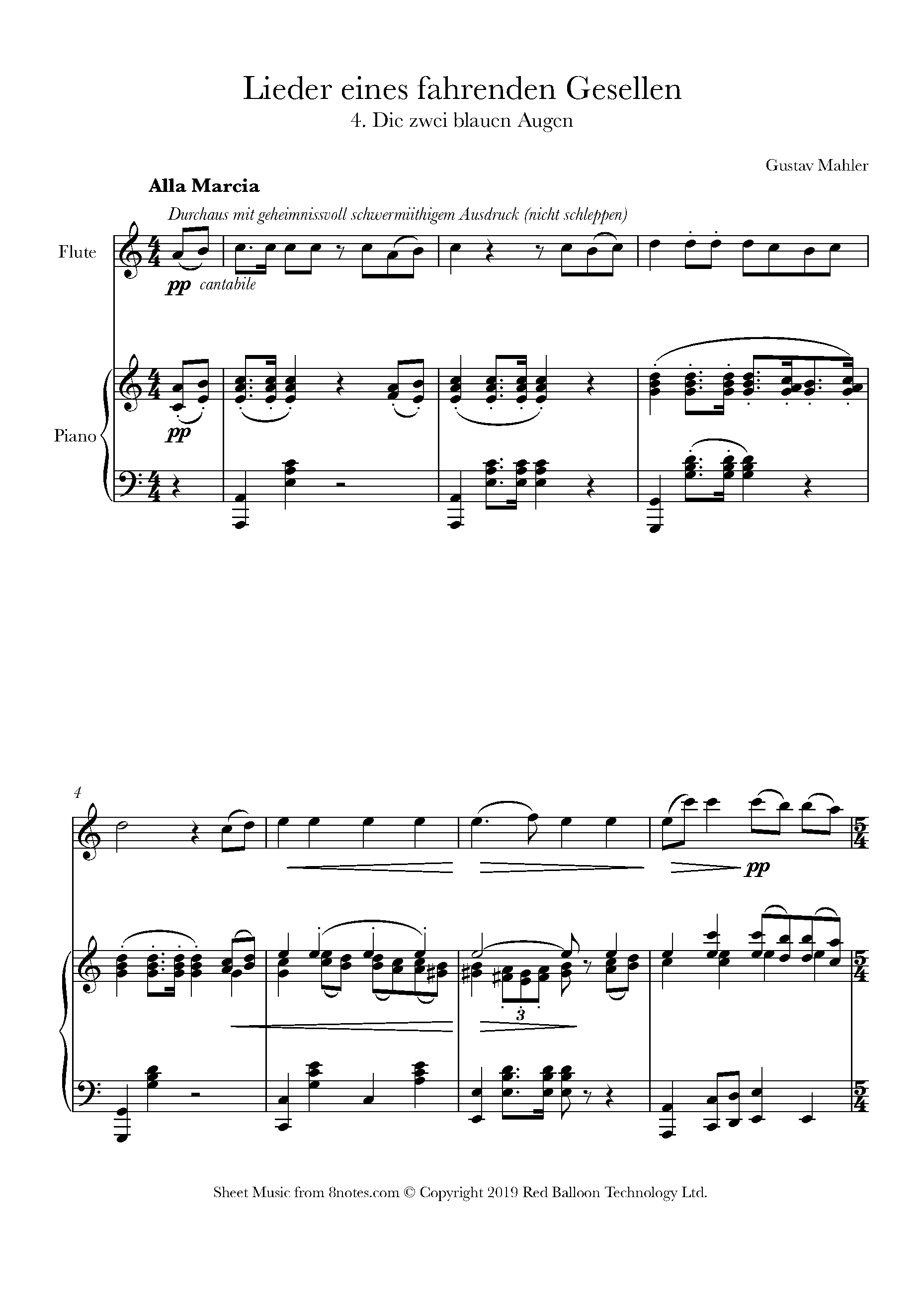Mahler - Die zwei blauen Augen, No. 4 from Lieder eines fahrenden Gesellen Sheet music for Flute ...