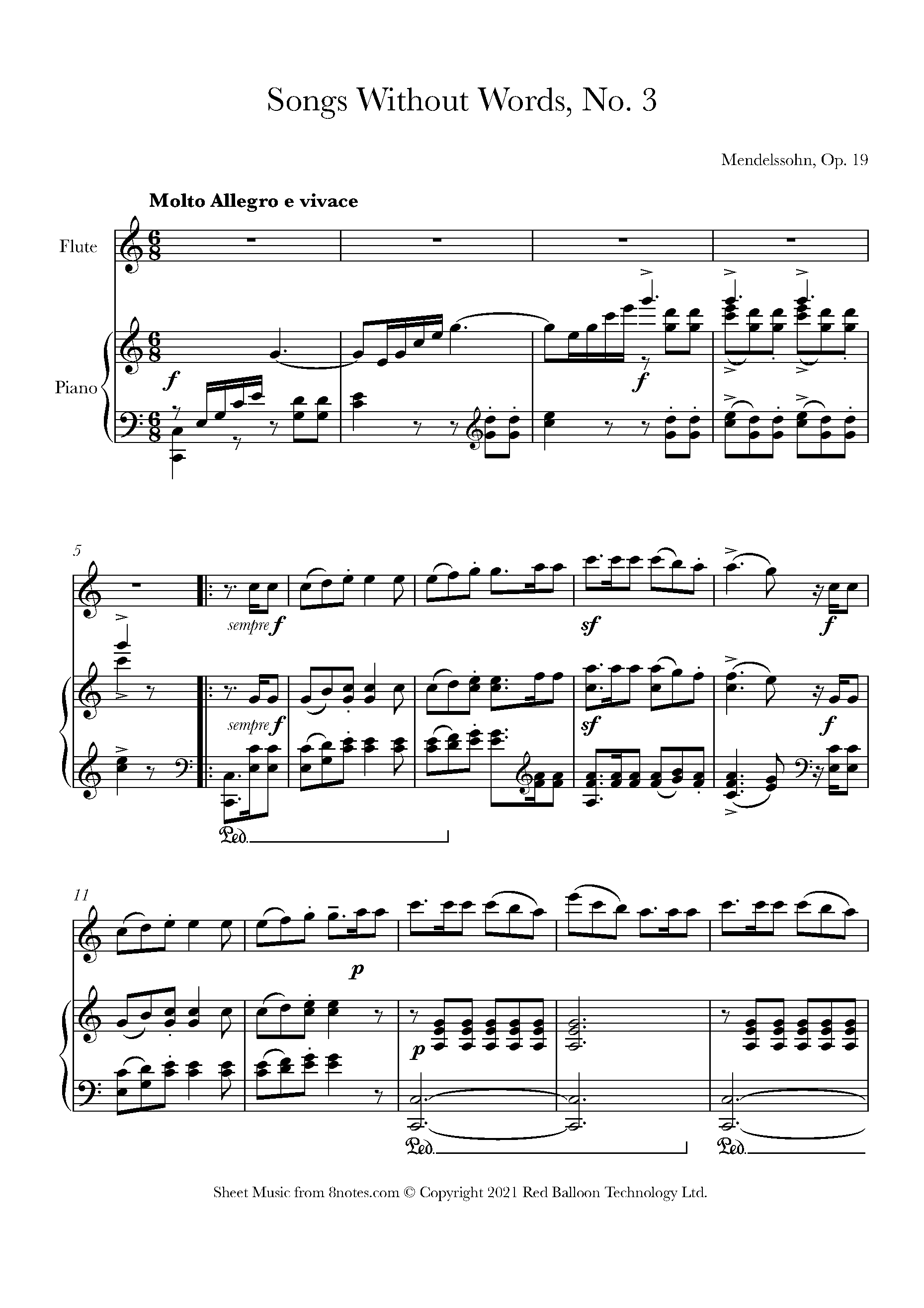 Mendelssohn - Songs Without Words, Op.19, No.3 Sheet music for Flute ...
