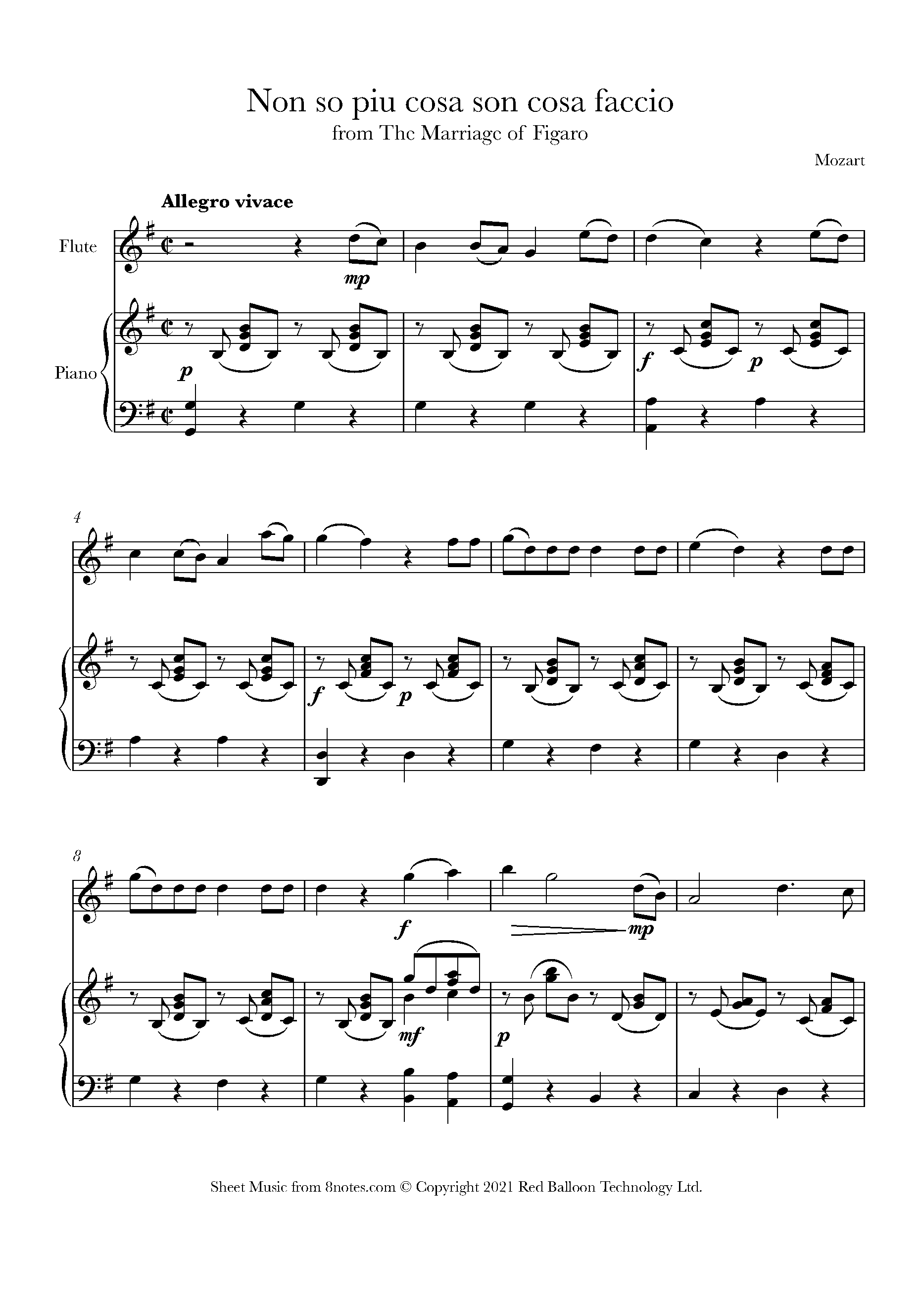 Mozart - Non so piu cosa son cosa faccio (The Marriage of Figaro) Sheet ...