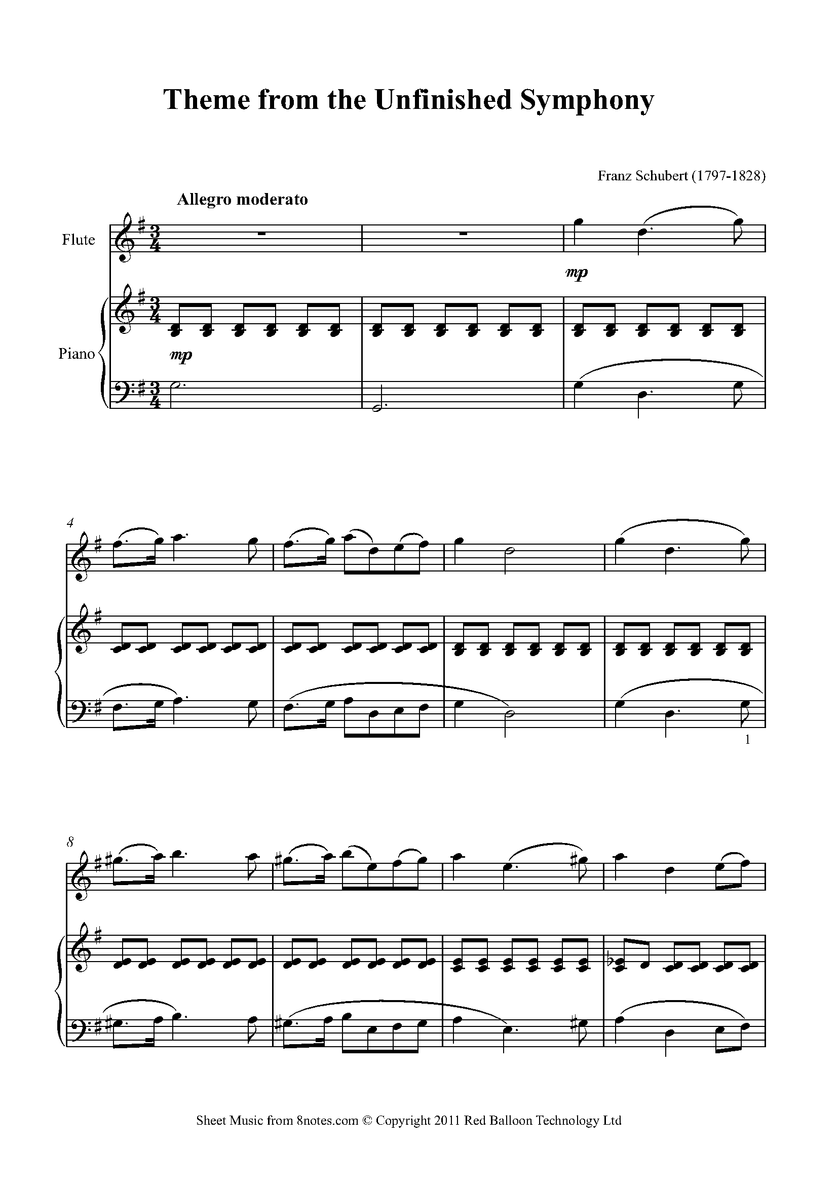 Schubert - Theme from the Unfinished Symphony Sheet music for Flute ...