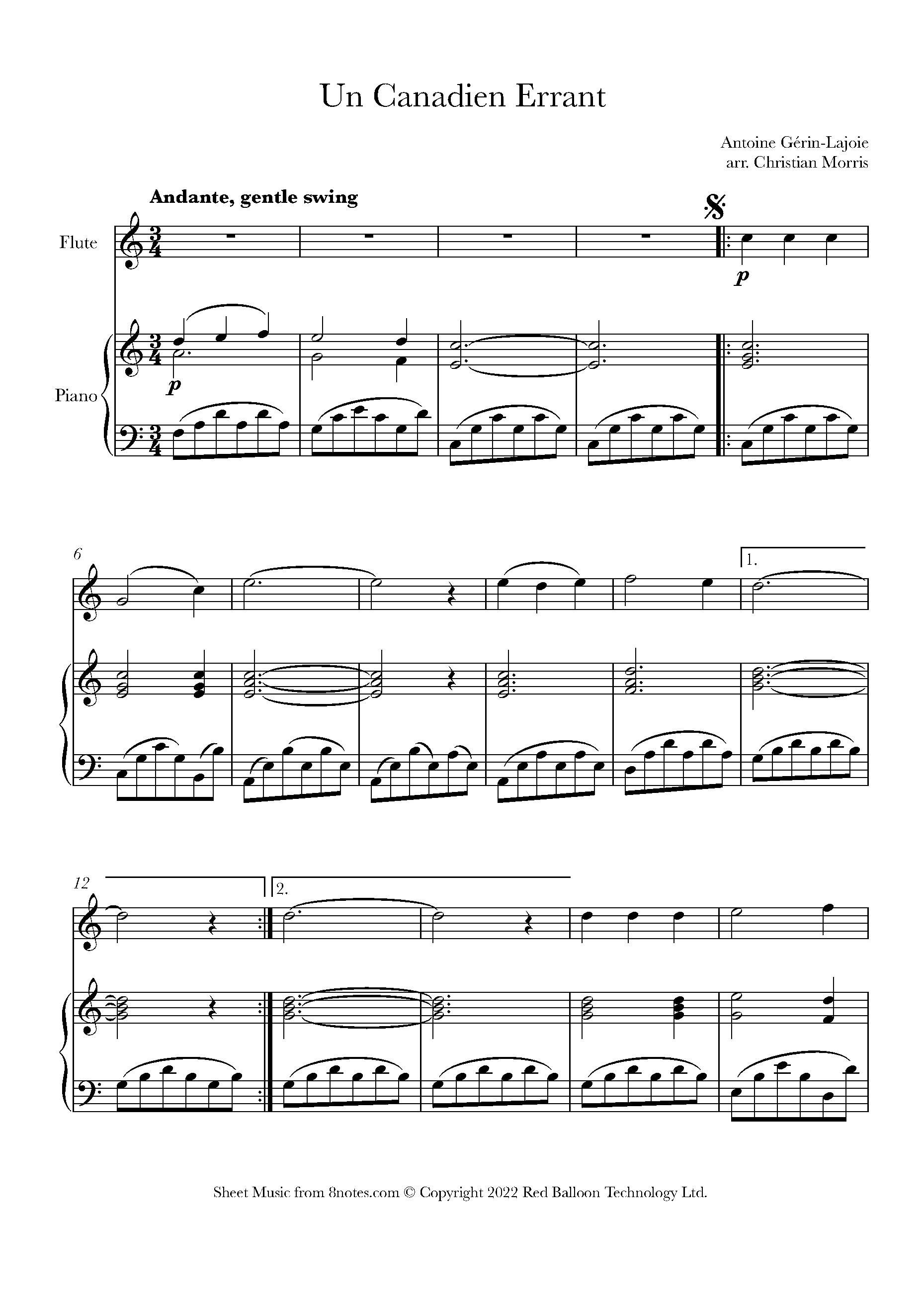 Un Canadien Errant (Canadian Trad.) Sheet music for Flute - 8notes.com