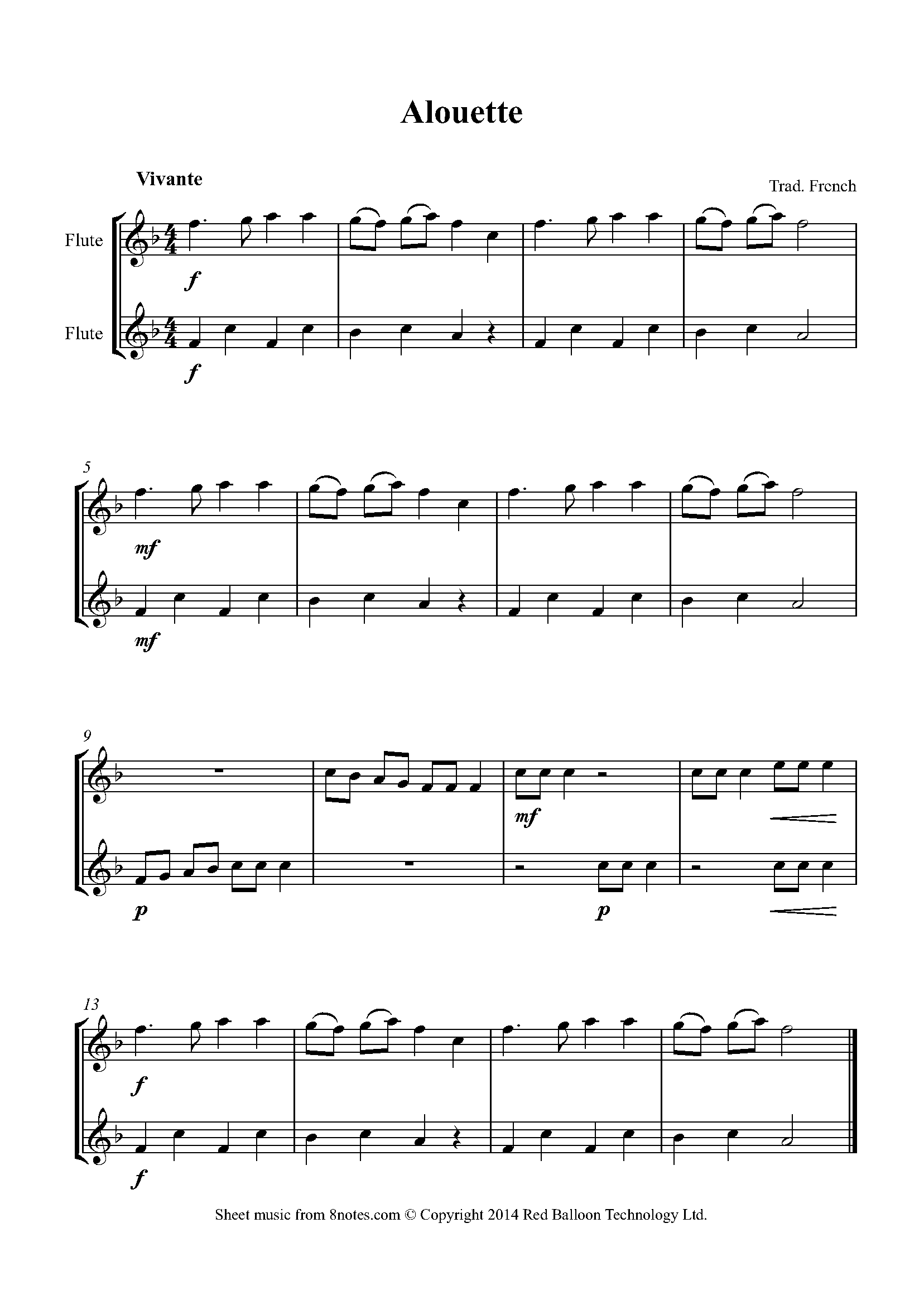 Alouette Sheet music for Flute Duet - 8notes.com
