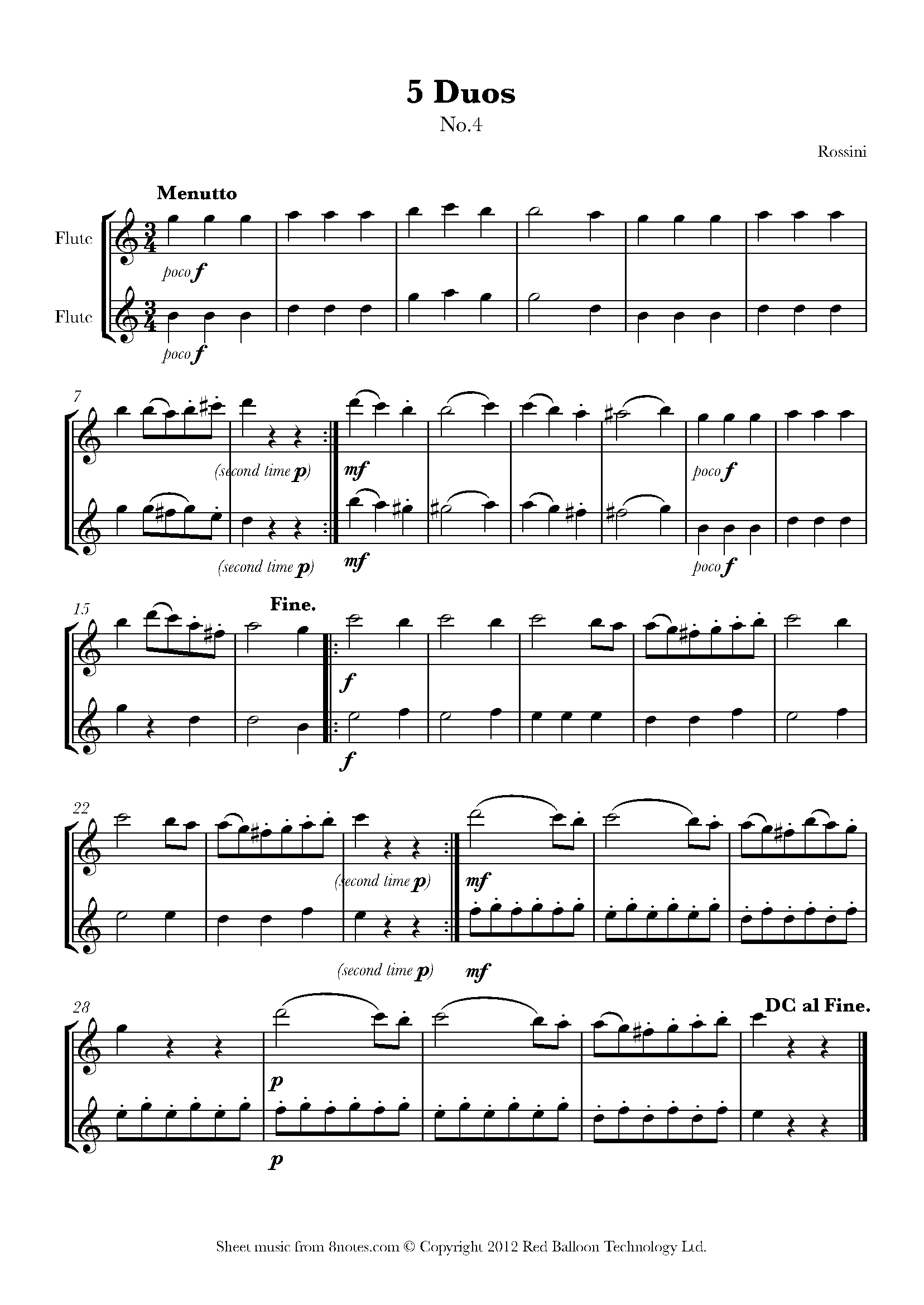 Rossini - 5 Duos No.4 Menuetto Sheet music for Flute Duet - 8notes.com