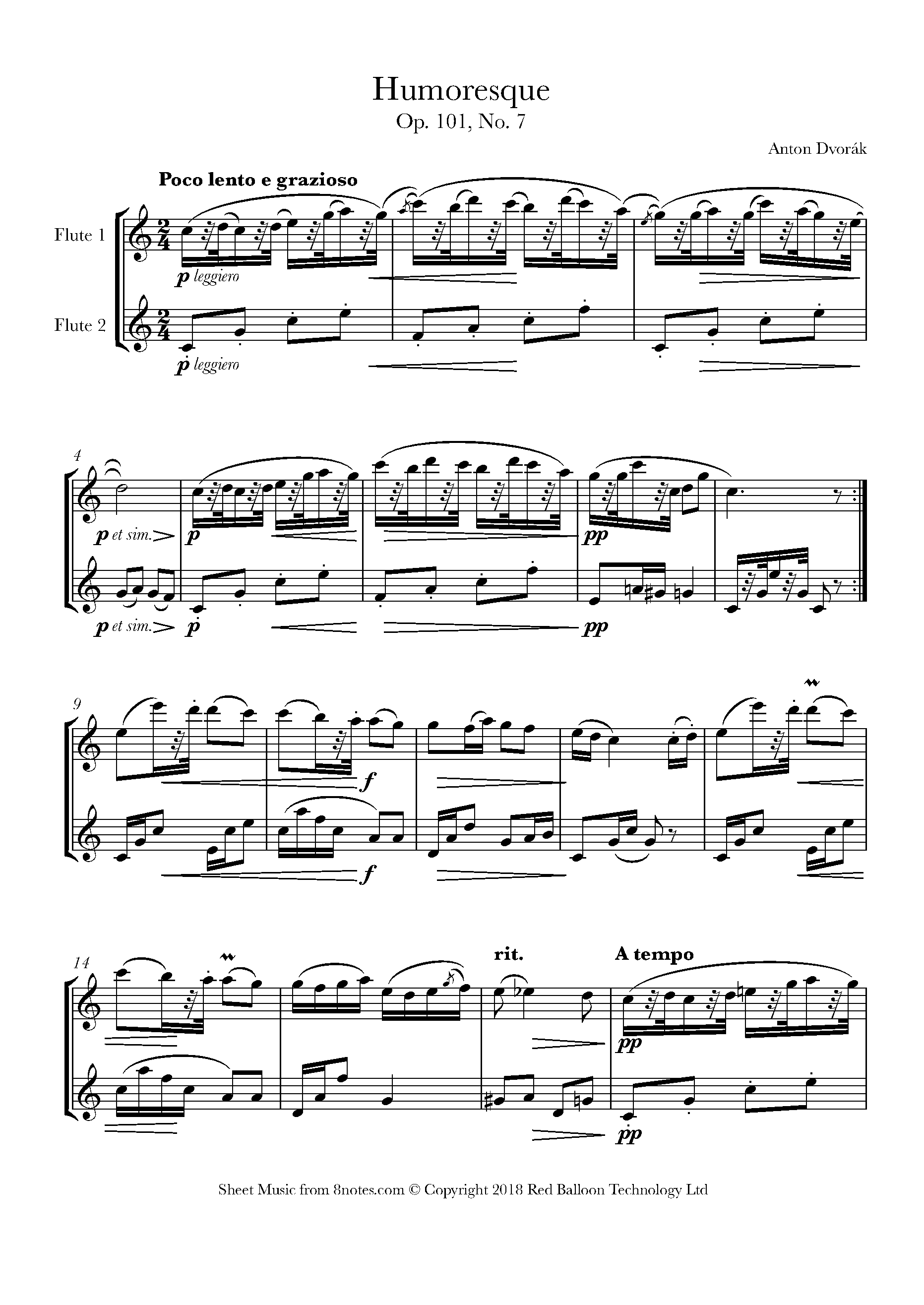 Dvořák - Humoresque Op. 101, No. 7 Sheet music for Flute Duet - 8notes.com