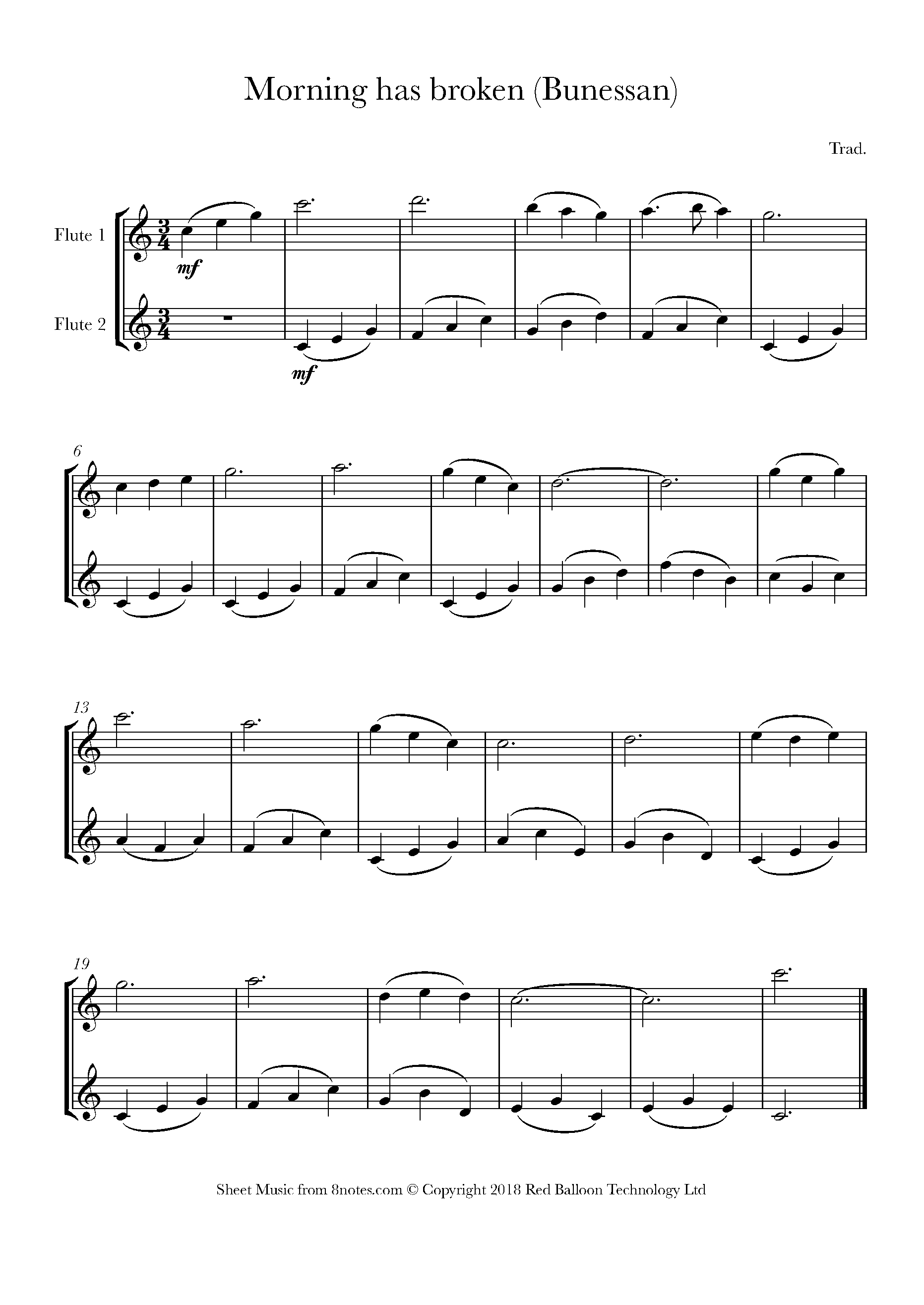 Morning has Broken (Bunessan) Sheet music for Flute Duet - 8notes.com