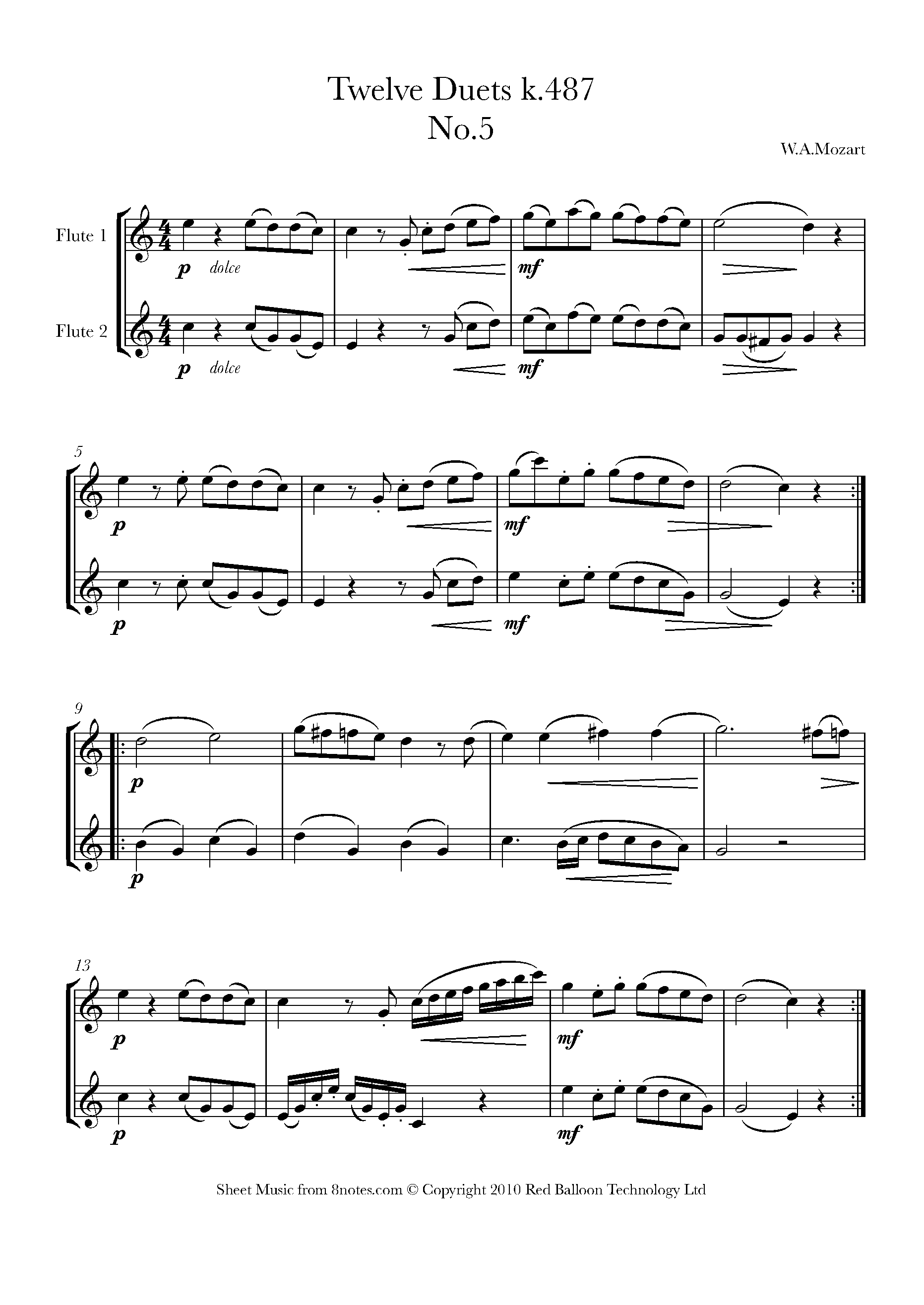 Mozart - Twelve Duets k.487 no.5 Sheet music for Flute Duet - 8notes.com
