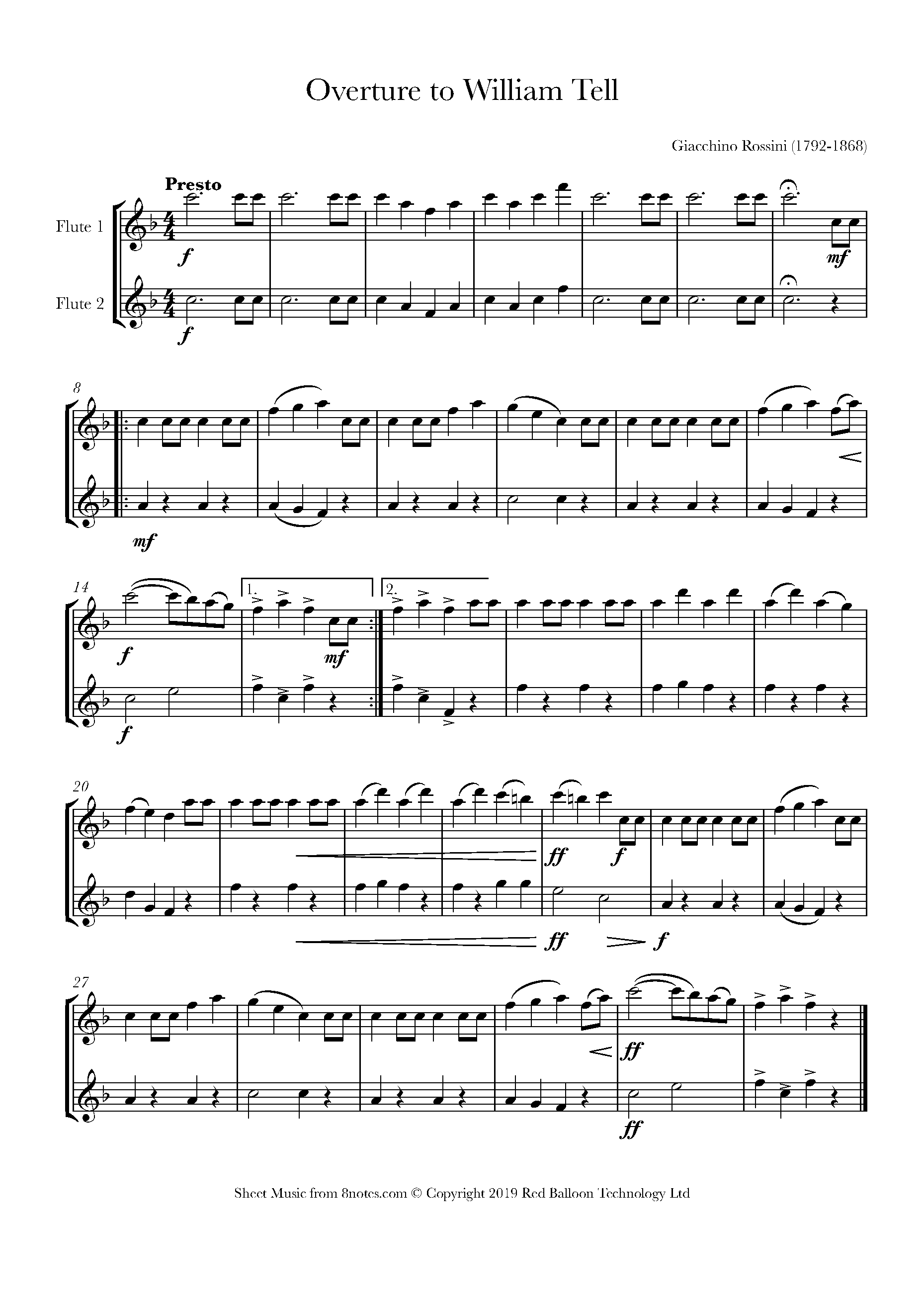 Rossini - William Tell Overture Sheet music for Flute Duet - 8notes.com