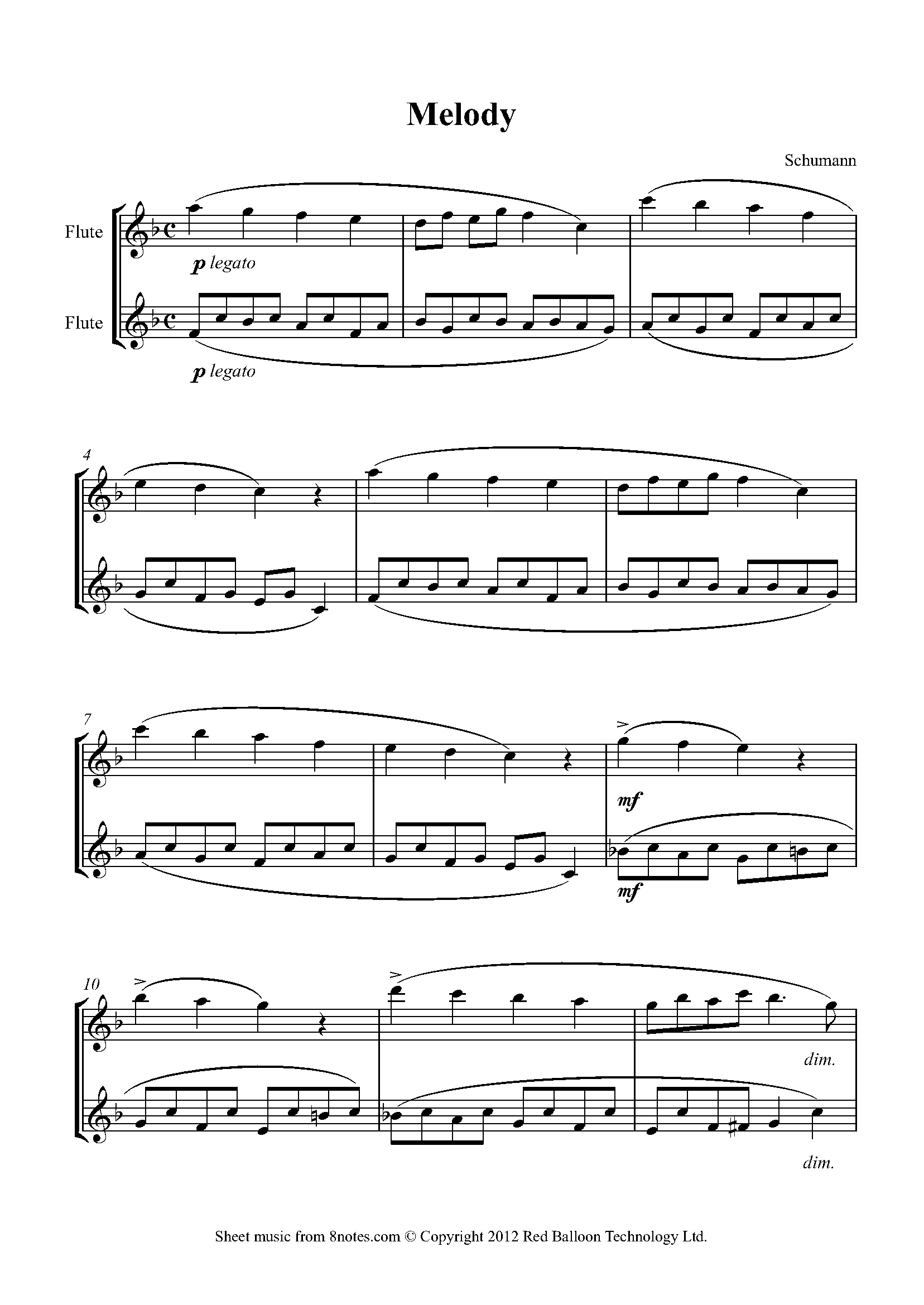 Schumann - Melody Sheet music for Flute Duet - 8notes.com