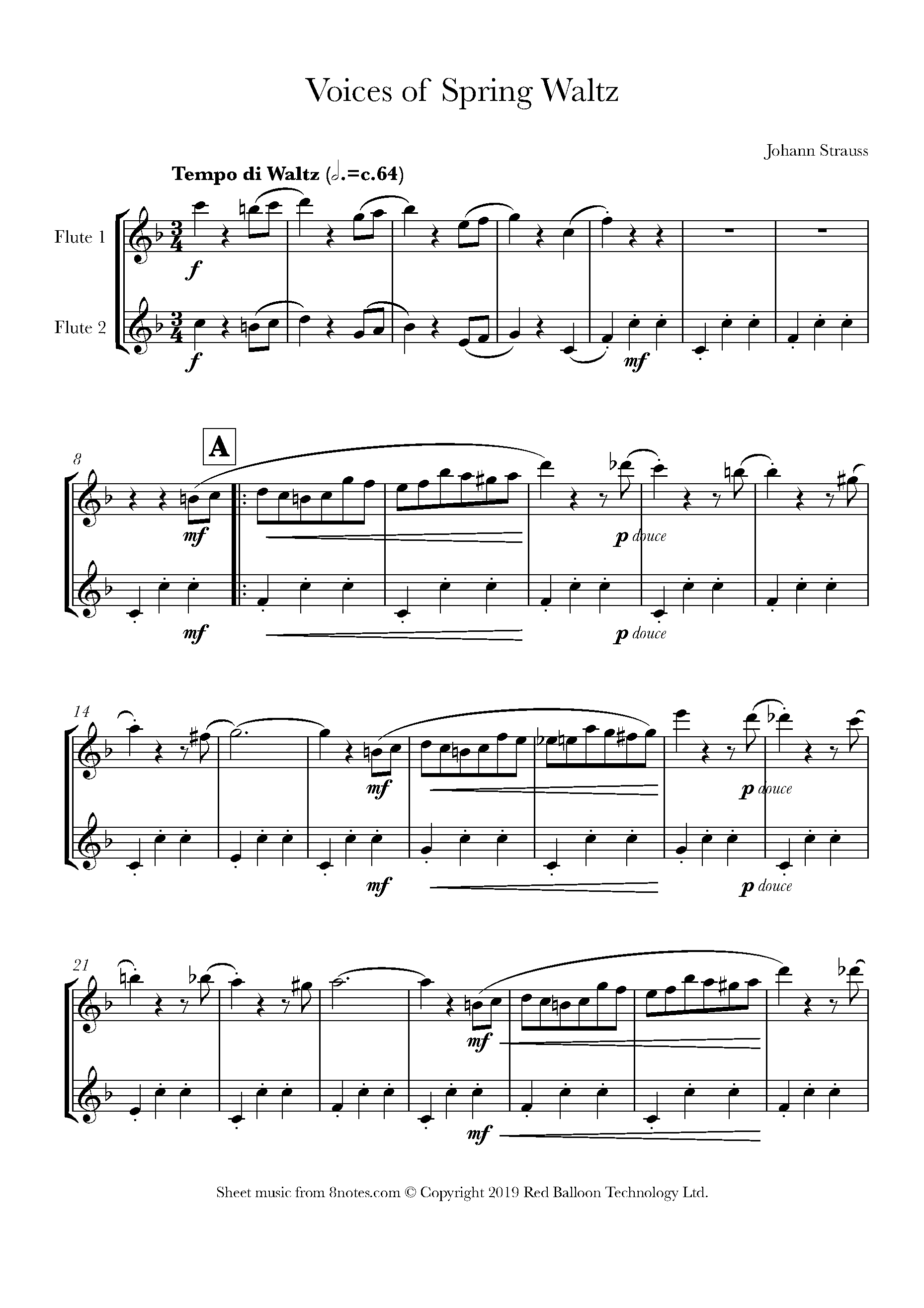 Strauss II - Voices of Spring Waltz Sheet music for Flute Duet - 8notes.com