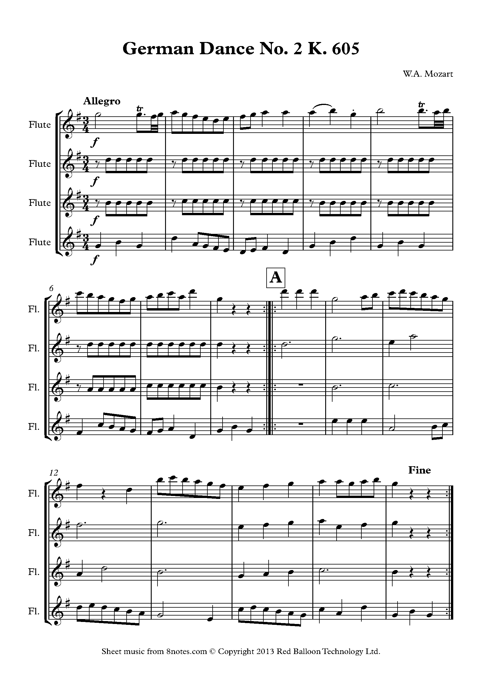 Mozart - German Dance No. 2 K. 605 Sheet music for Flute Quartet ...