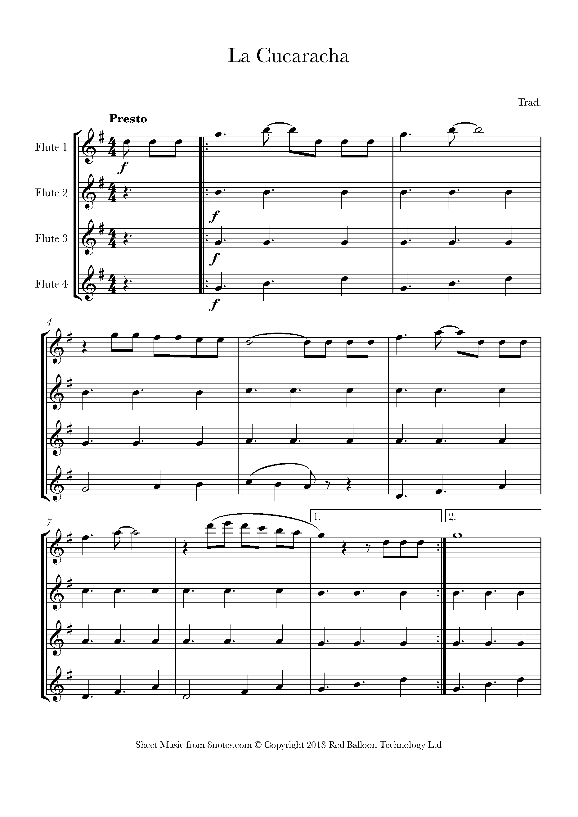 La Cucaracha (Mexico) Sheet music for Flute Quartet - 8notes.com