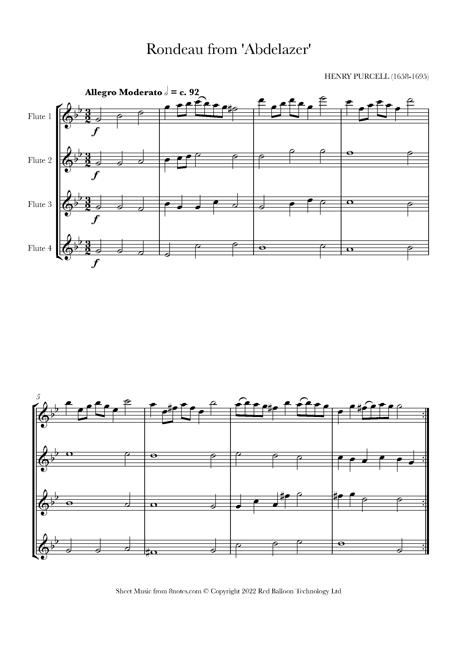 Purcell - Rondeau from Abdelazer Sheet music for Flute Quartet - 8notes.com