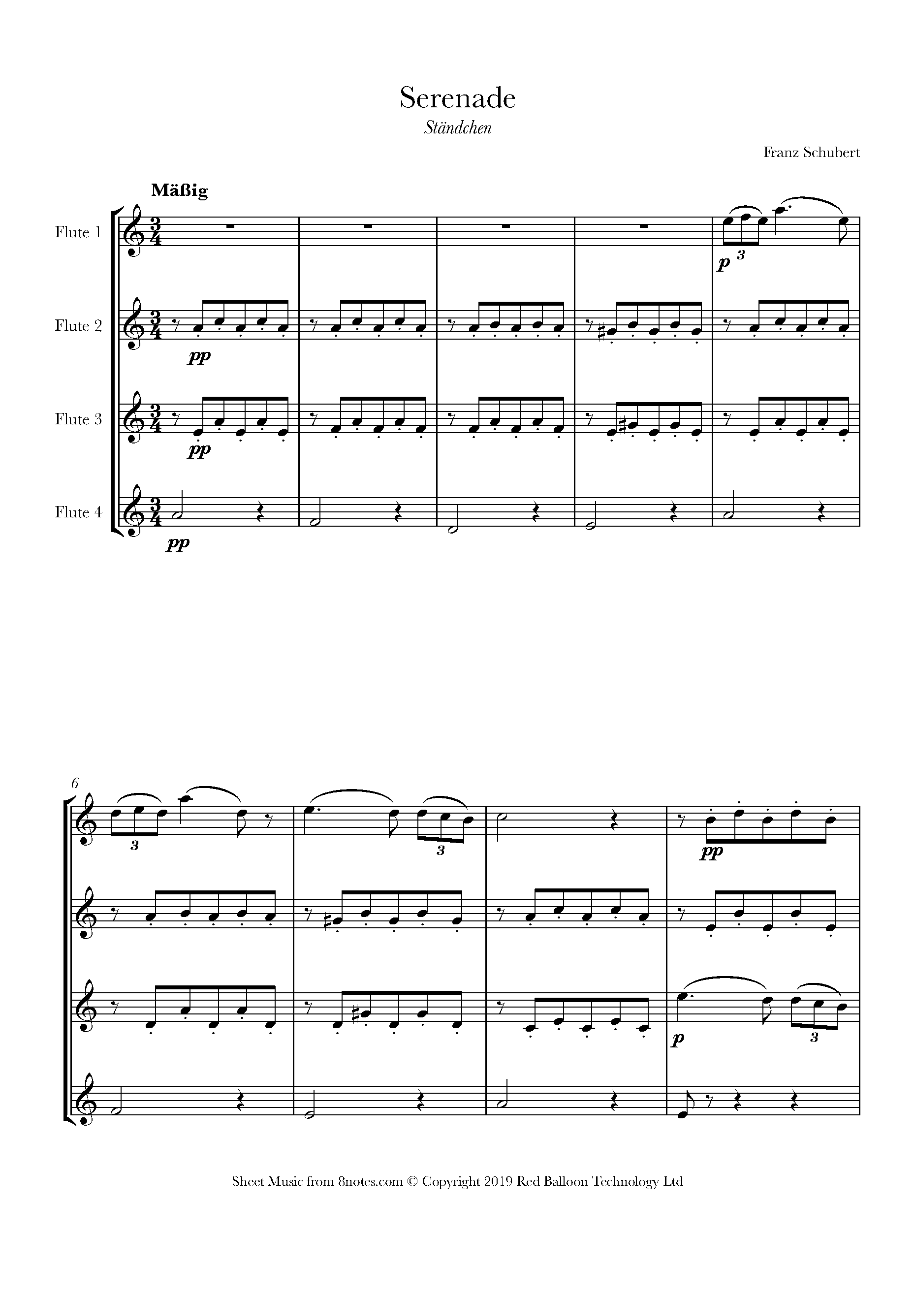 Schubert - Serenade (Standchen) Sheet music for Flute Quartet - 8notes.com