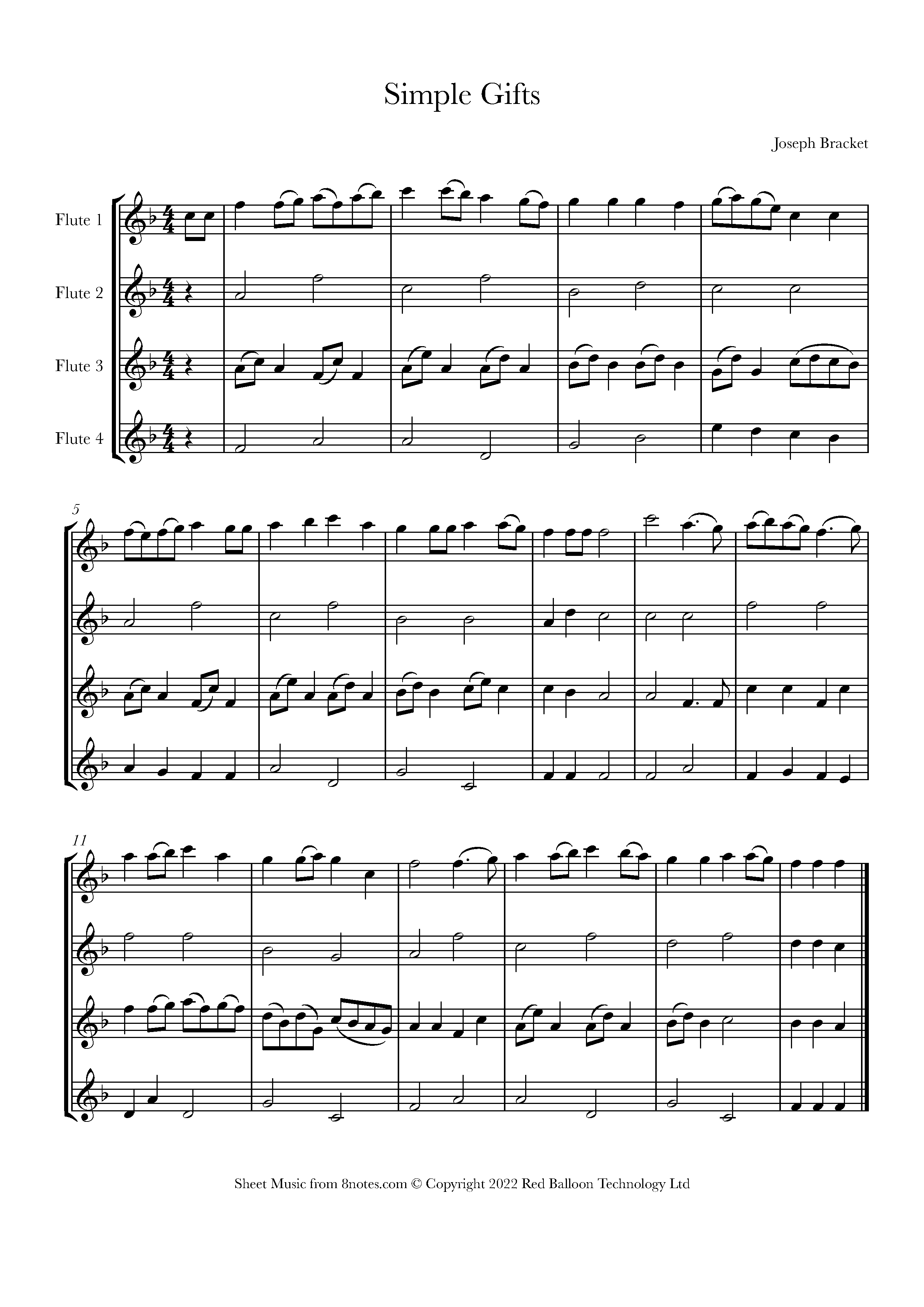 Simple Gifts (appalachian shaker song) Sheet music for Flute Quartet ...