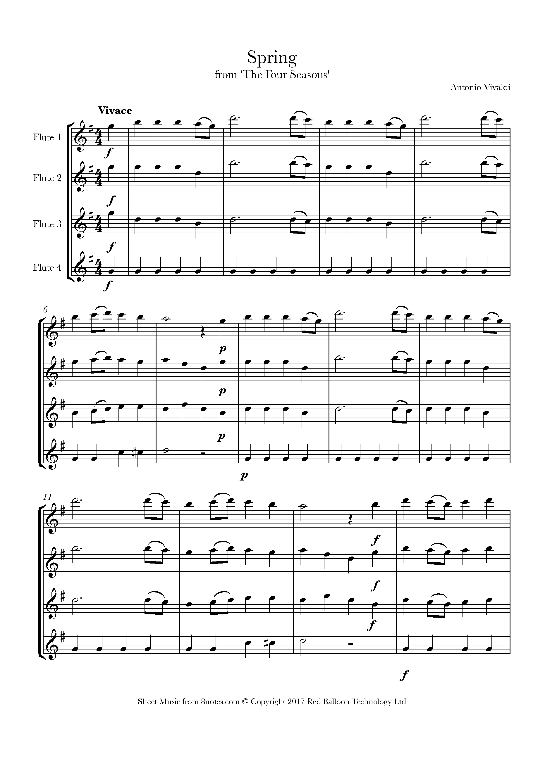 Vivaldi - Spring from the Four Seasons Sheet music for Flute Quartet ...