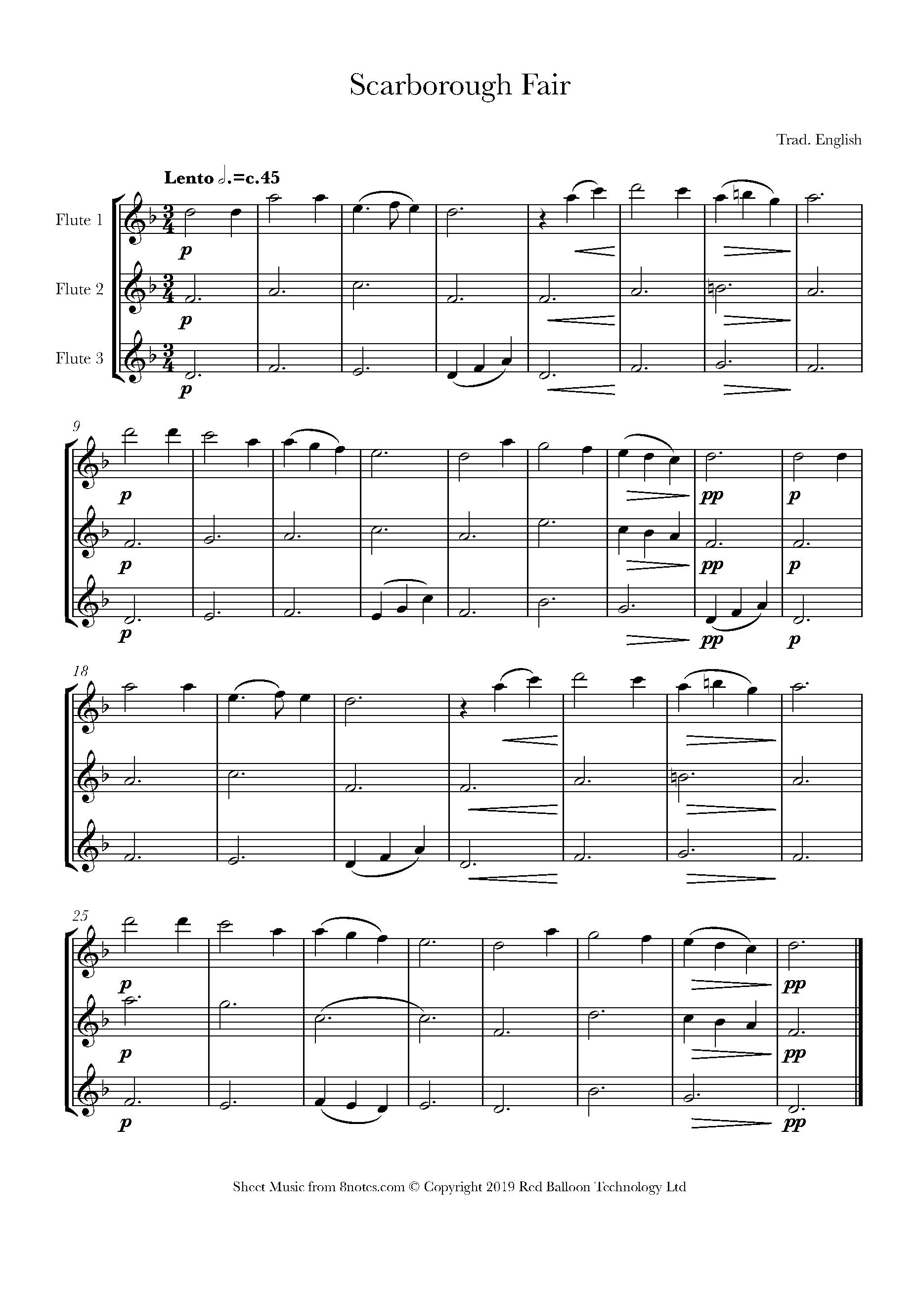 Scarborough Fair Sheet music for Flute Trio - 8notes.com