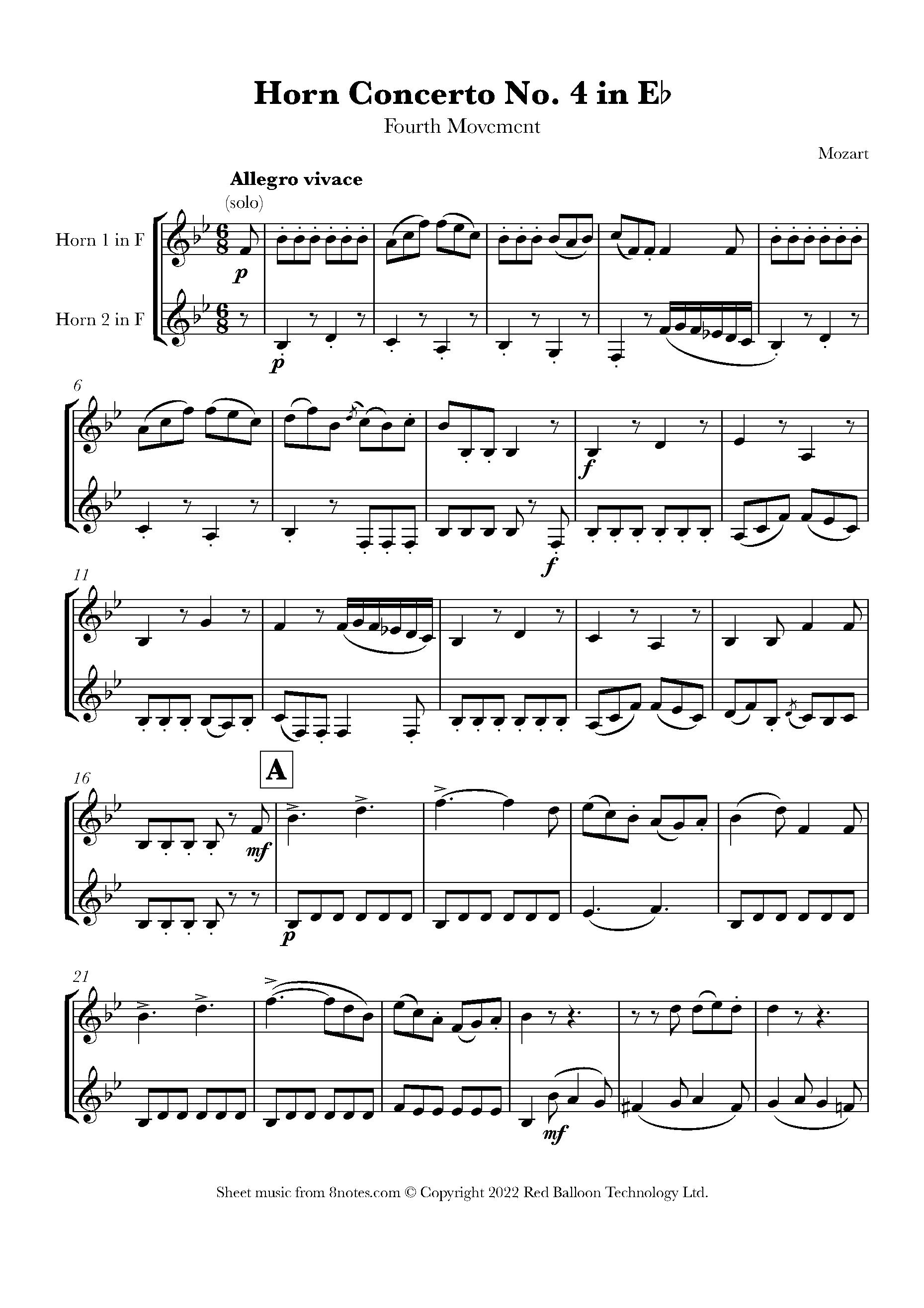 Mozart Horn Concerto No 4 In Eb 4th Movement Sheet Music For French