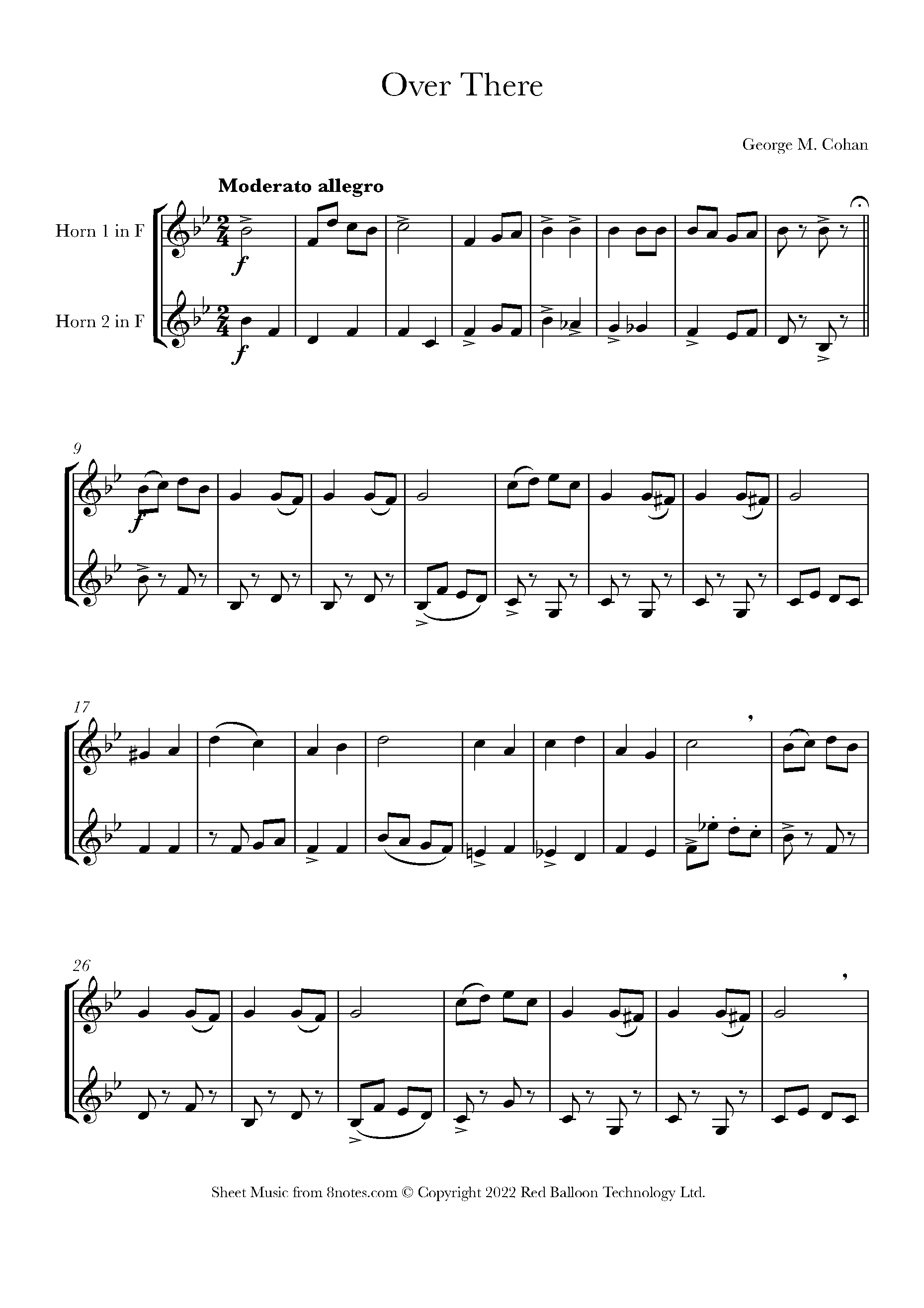 Cohan - Over There Sheet music for French Horn Duet - 8notes.com