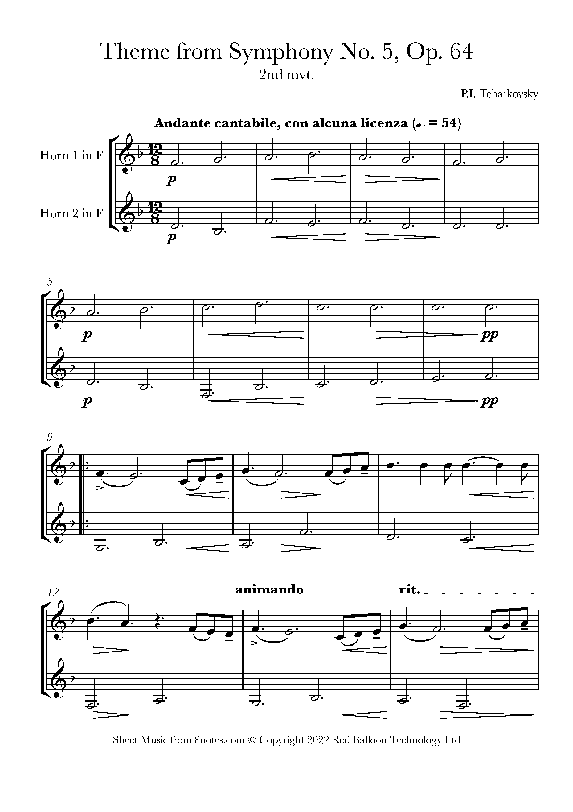 Tchaikovsky - Theme from Symphony No. 5, Op. 64 2nd mvt Sheet music for French Horn Duet ...