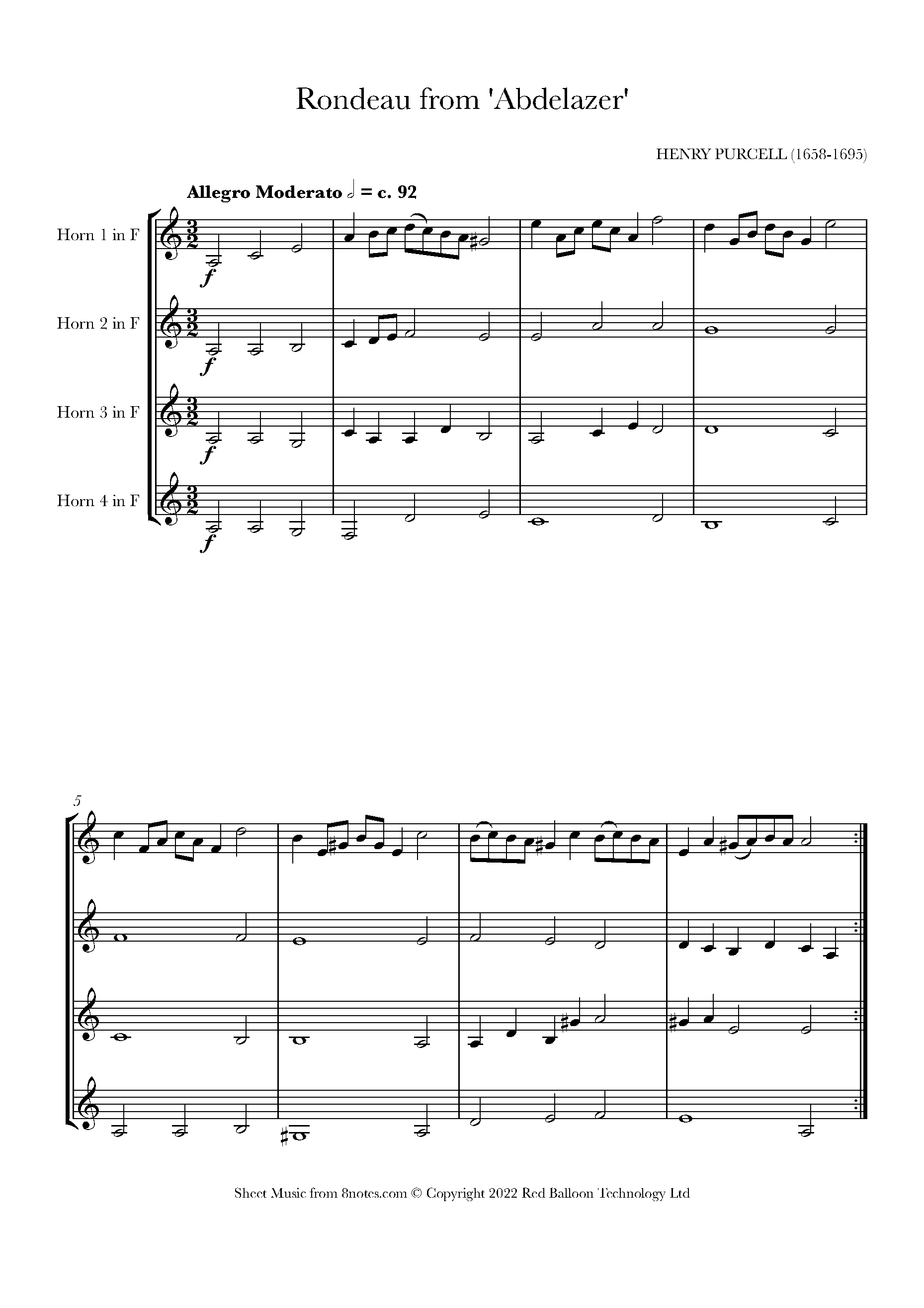 Purcell - Rondeau from Abdelazer Sheet music for French Horn Quartet ...