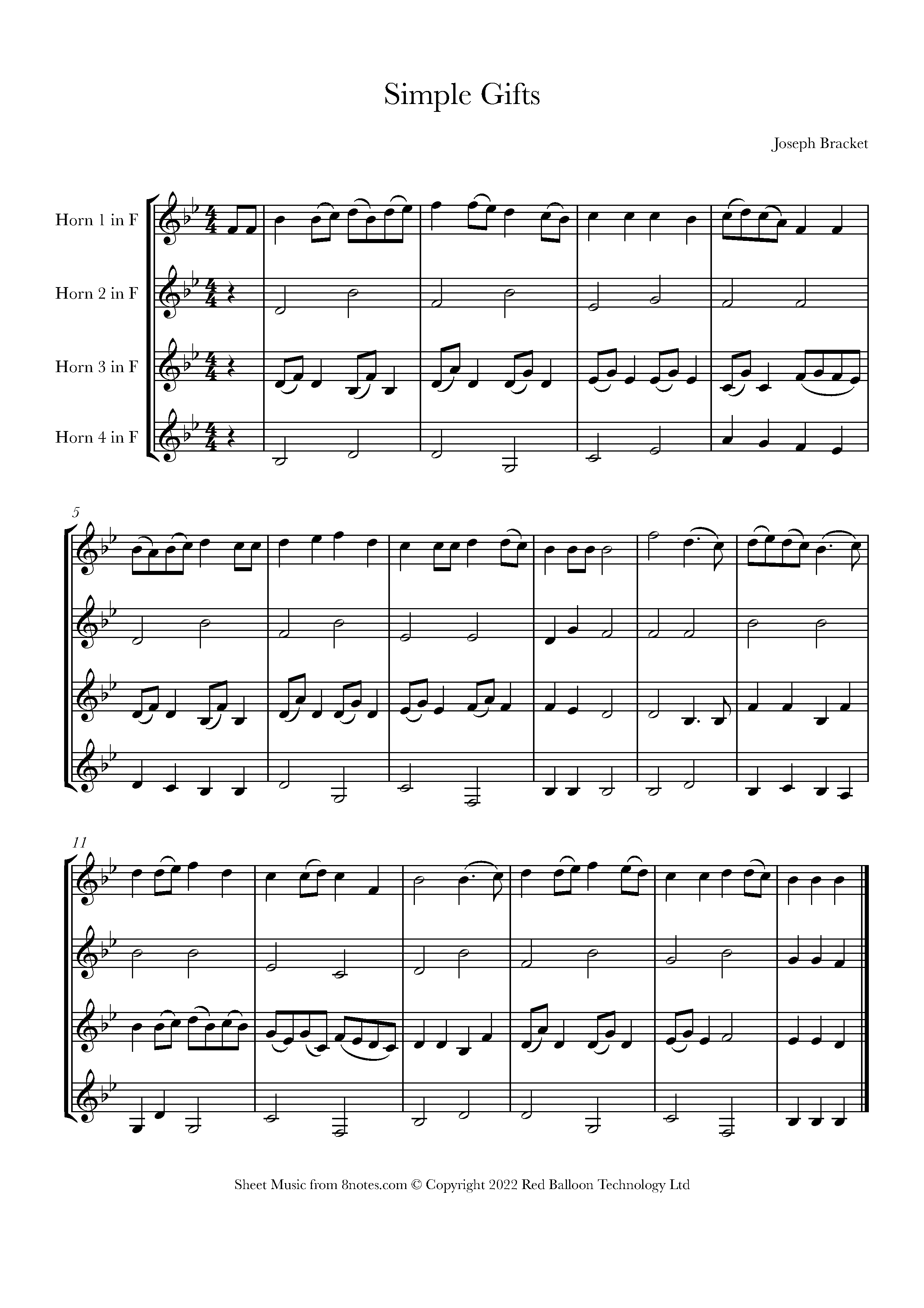 Simple Gifts (appalachian shaker song) Sheet music for French Horn ...