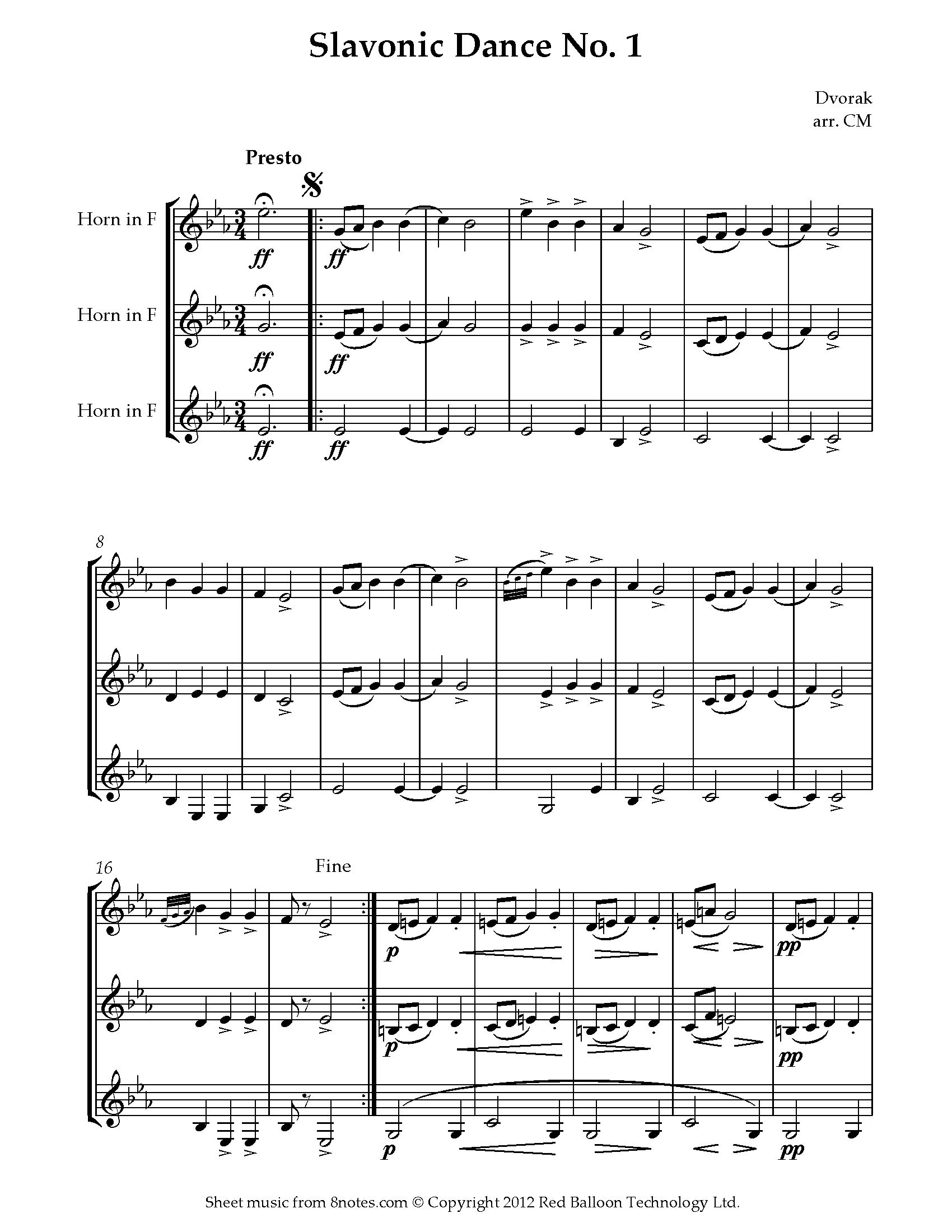 Dvořák - Slavonic Dance No. 1 Sheet music for French Horn Trio ...