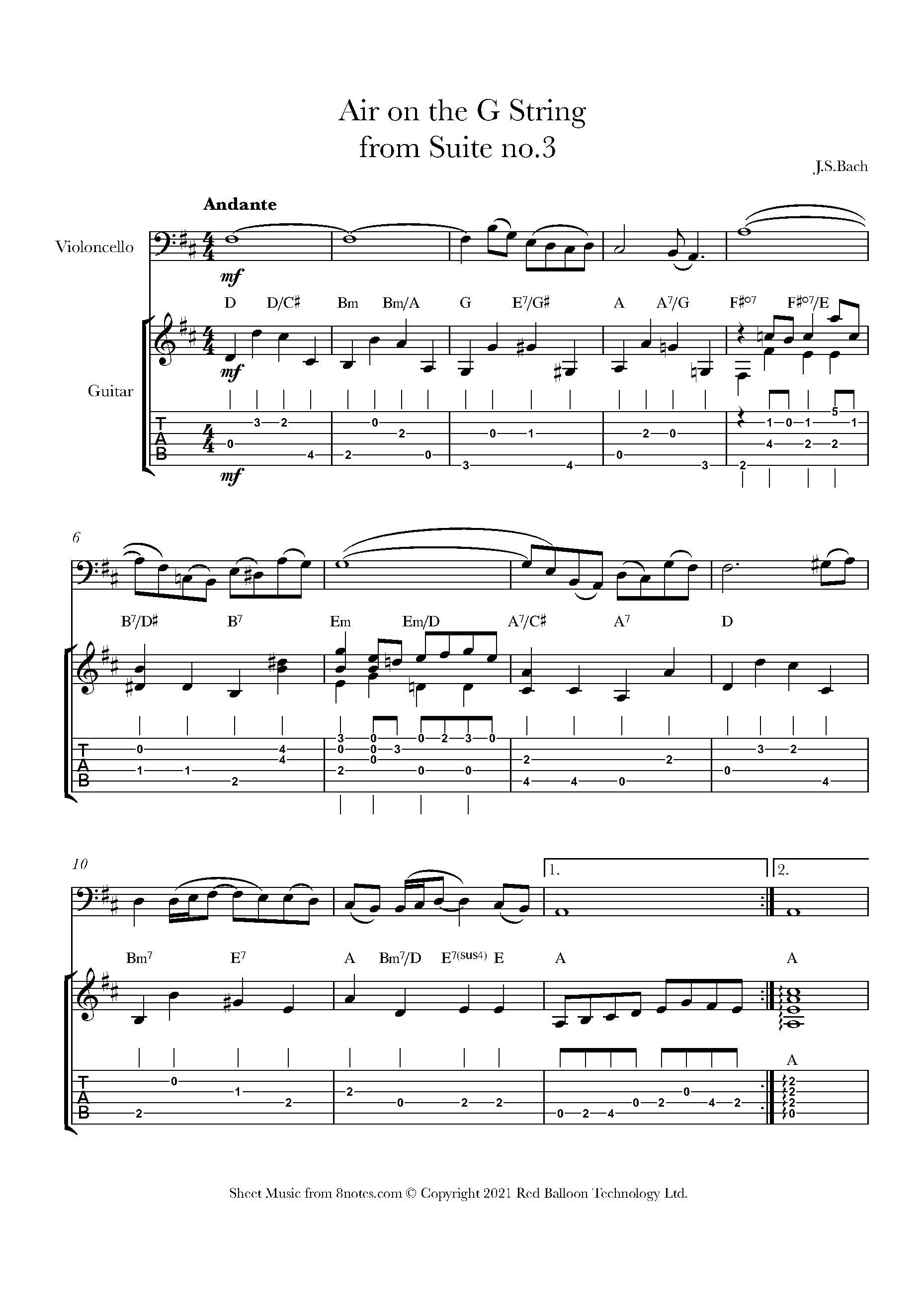 Bach - Air on the G string Sheet music for Guitar-Cello Duet - 8notes.com