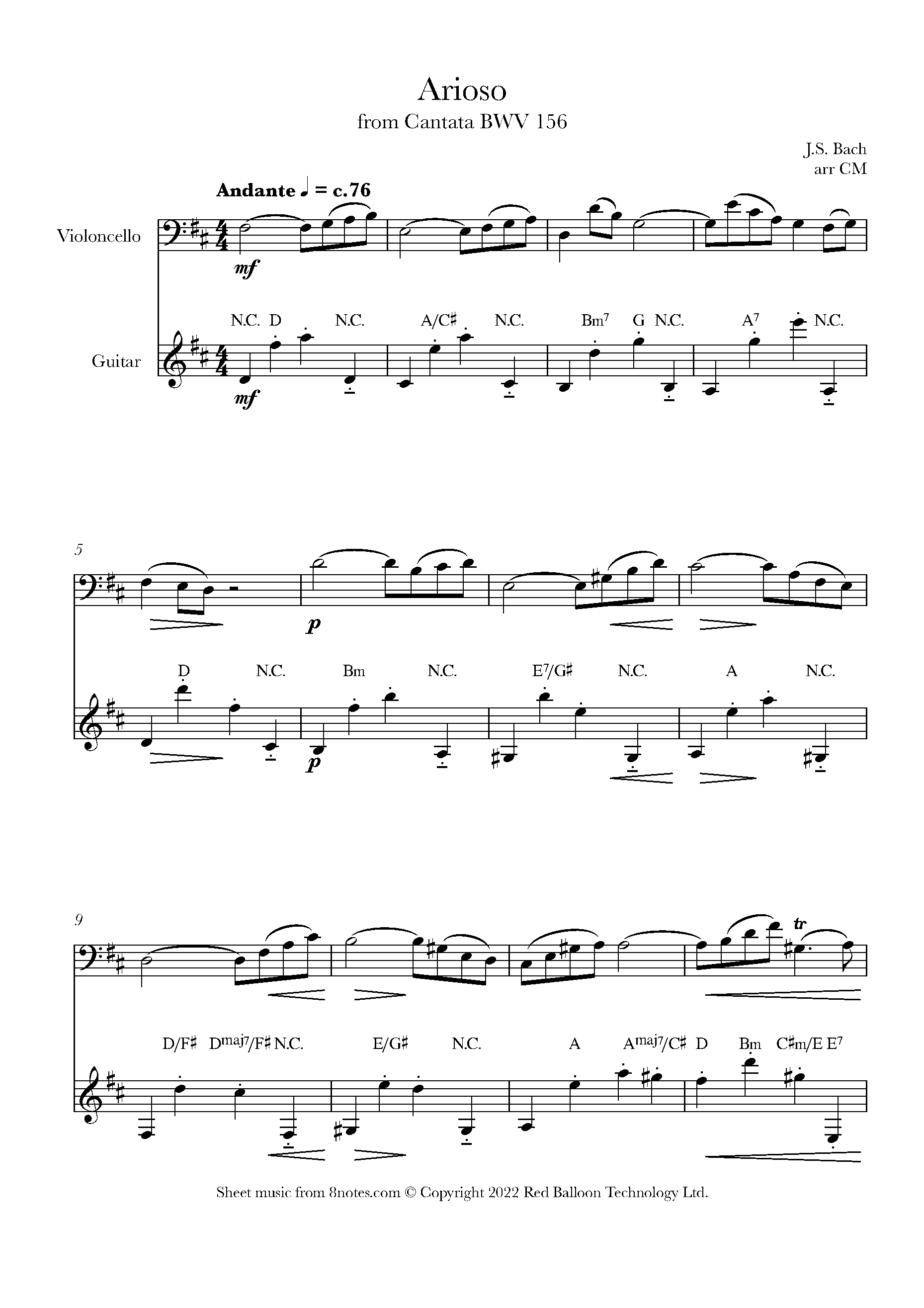 Bach - Arioso from Cantata BWV 156 Sheet music for Guitar-Cello Duet ...