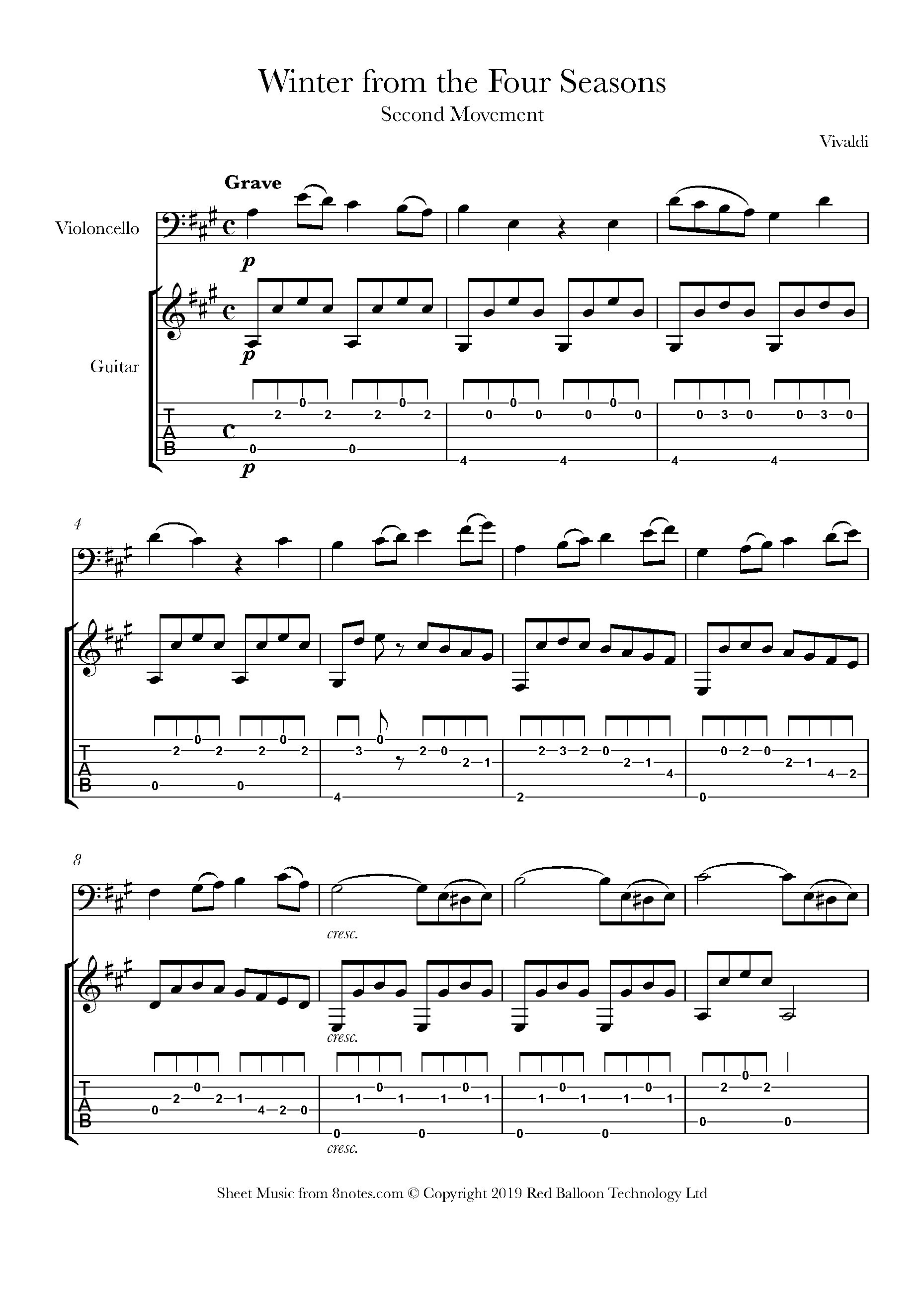 Vivaldi - Winter from The Four Seaons - 2nd mvt Sheet music for Guitar ...