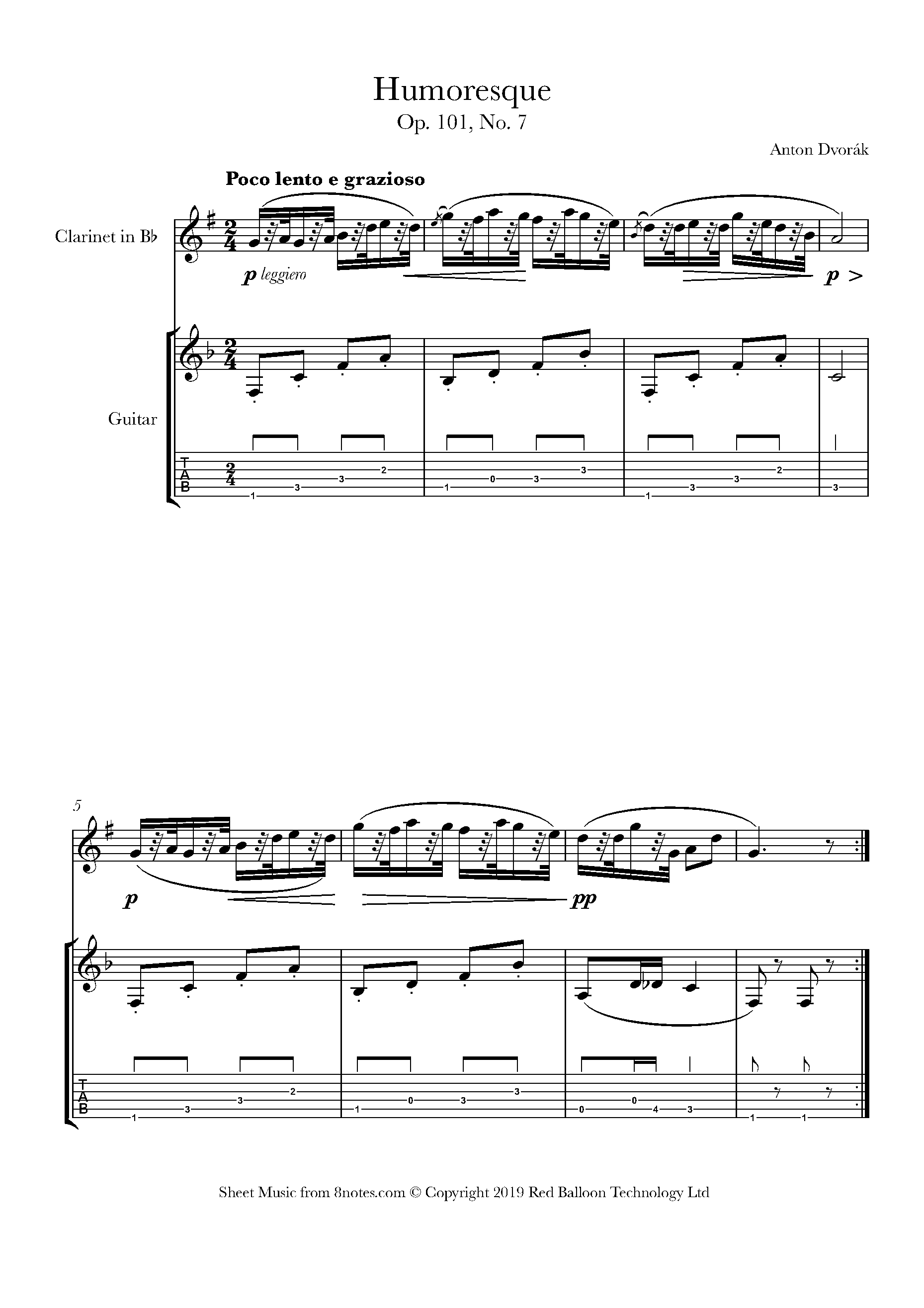 Dvořák - Humoresque Sheet music for Guitar-Clarinet Duet - 8notes.com