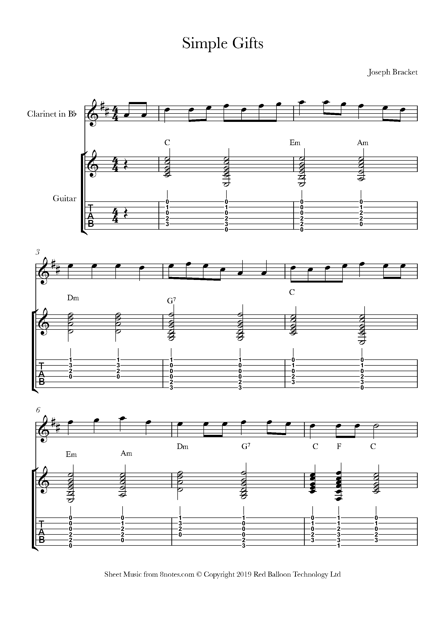 Joseph Brackett - Simple Gifts Sheet music for Guitar-Clarinet Duet ...