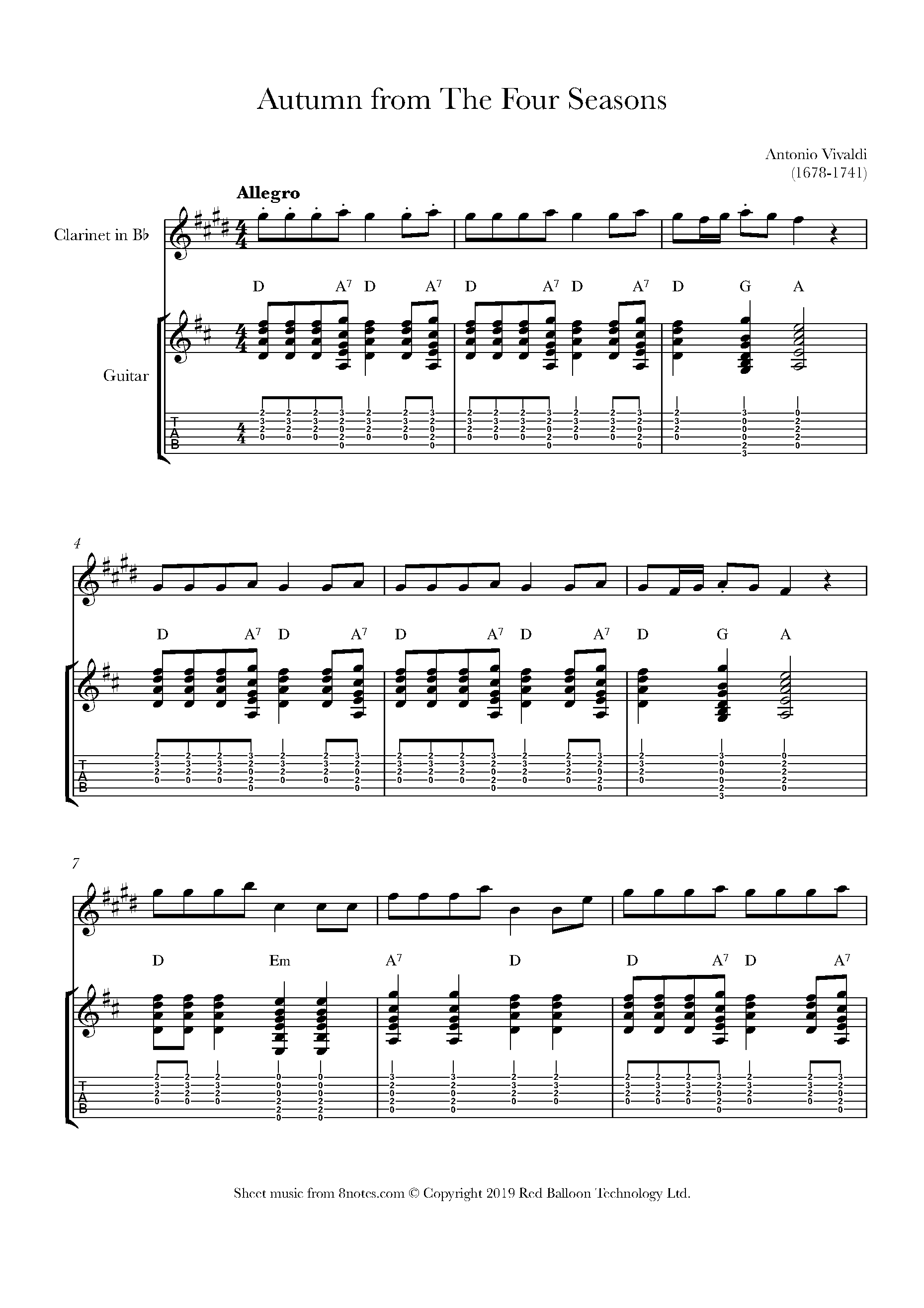 Vivaldi - Autumn from the Four Seasons Sheet music for Guitar-Clarinet ...