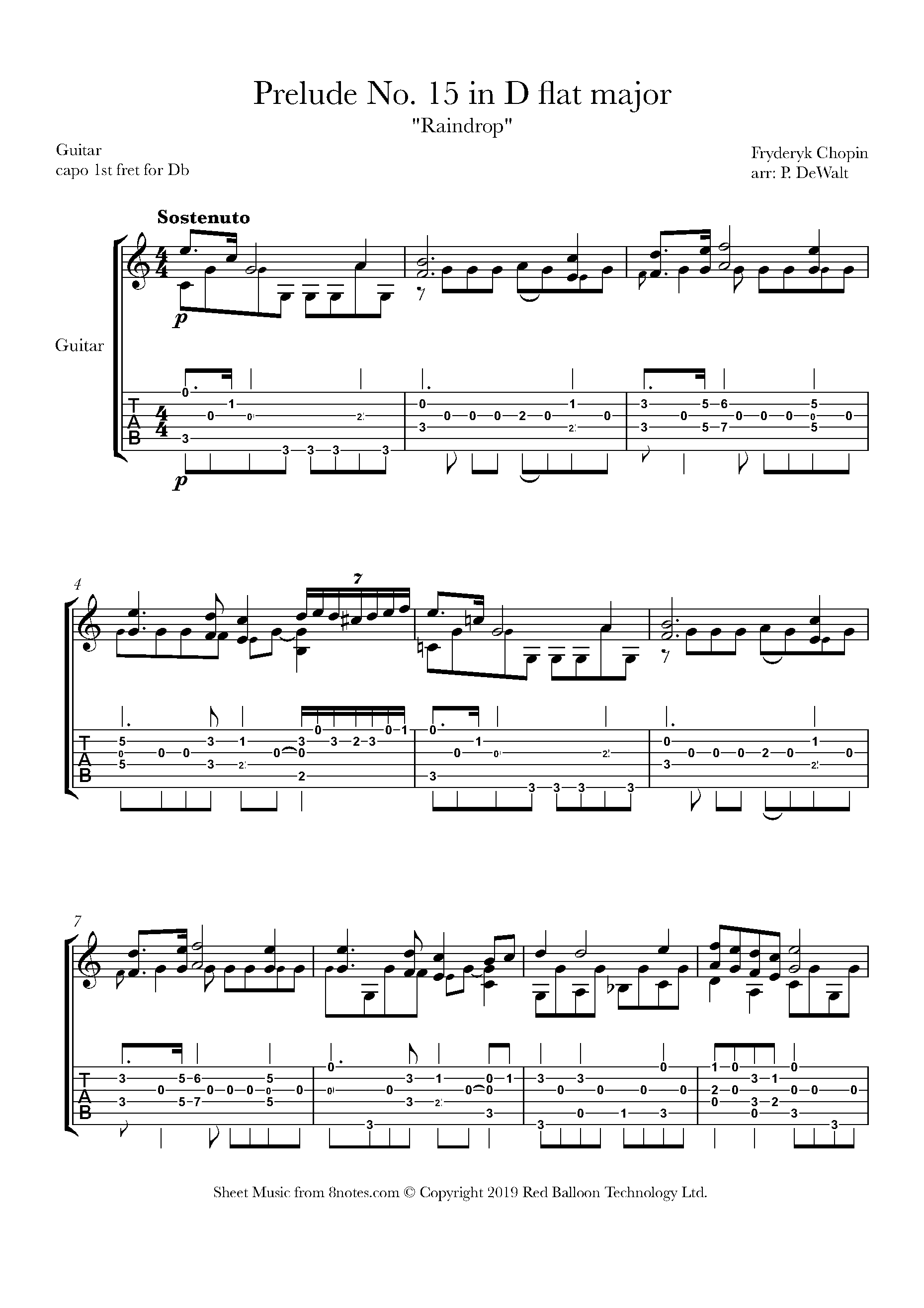 Chopin - Prelude Op. 28 No. 15 'Raindrop' Sheet music for Guitar ...